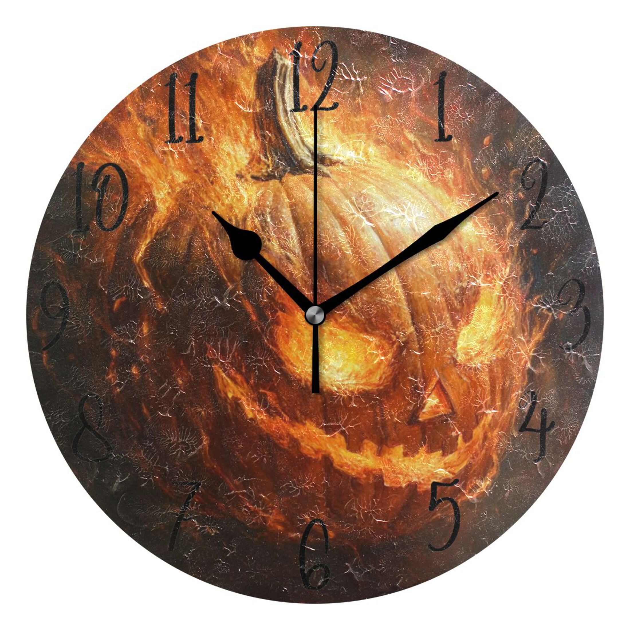 WOBOGO A Pumpkin Head on Fire Wall Clock 10in Silent Mechanism Battery ...