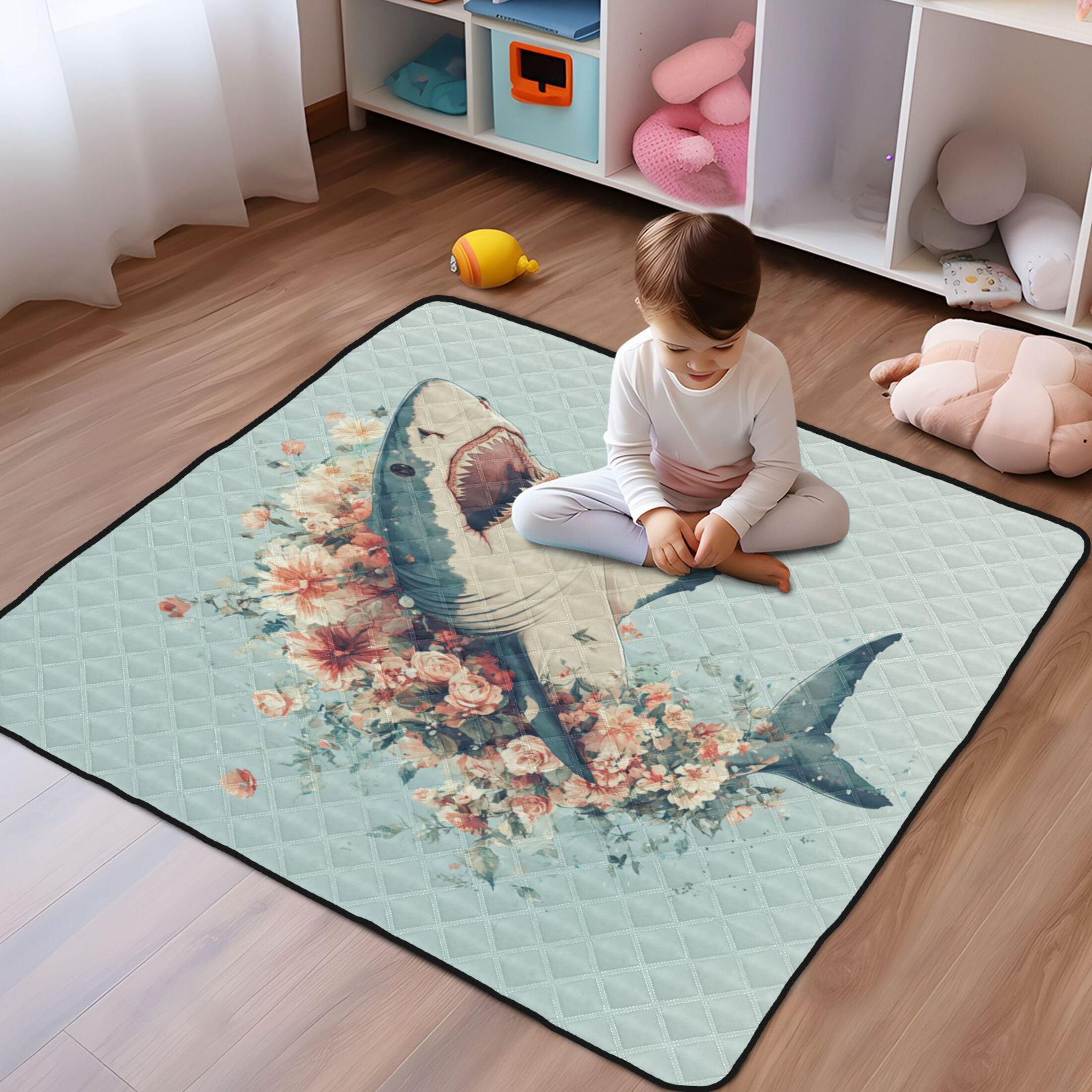 WOBOGO A Shark Full Of Flowers Baby Playmats Extra Large Waterproof ...