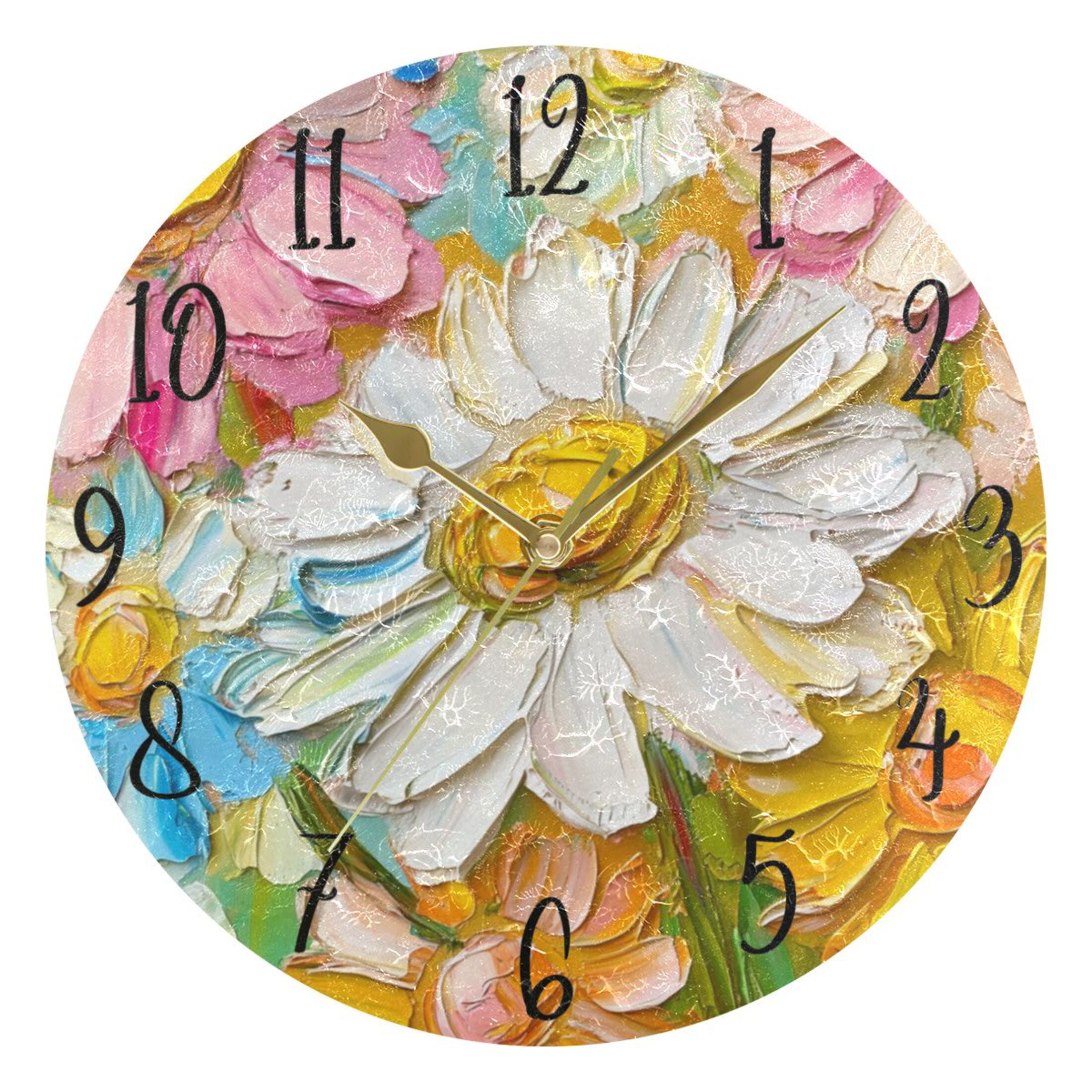 WOBOGO Abstract Oil Painting Flowers Wall Clock 10in Silent Mechanism ...