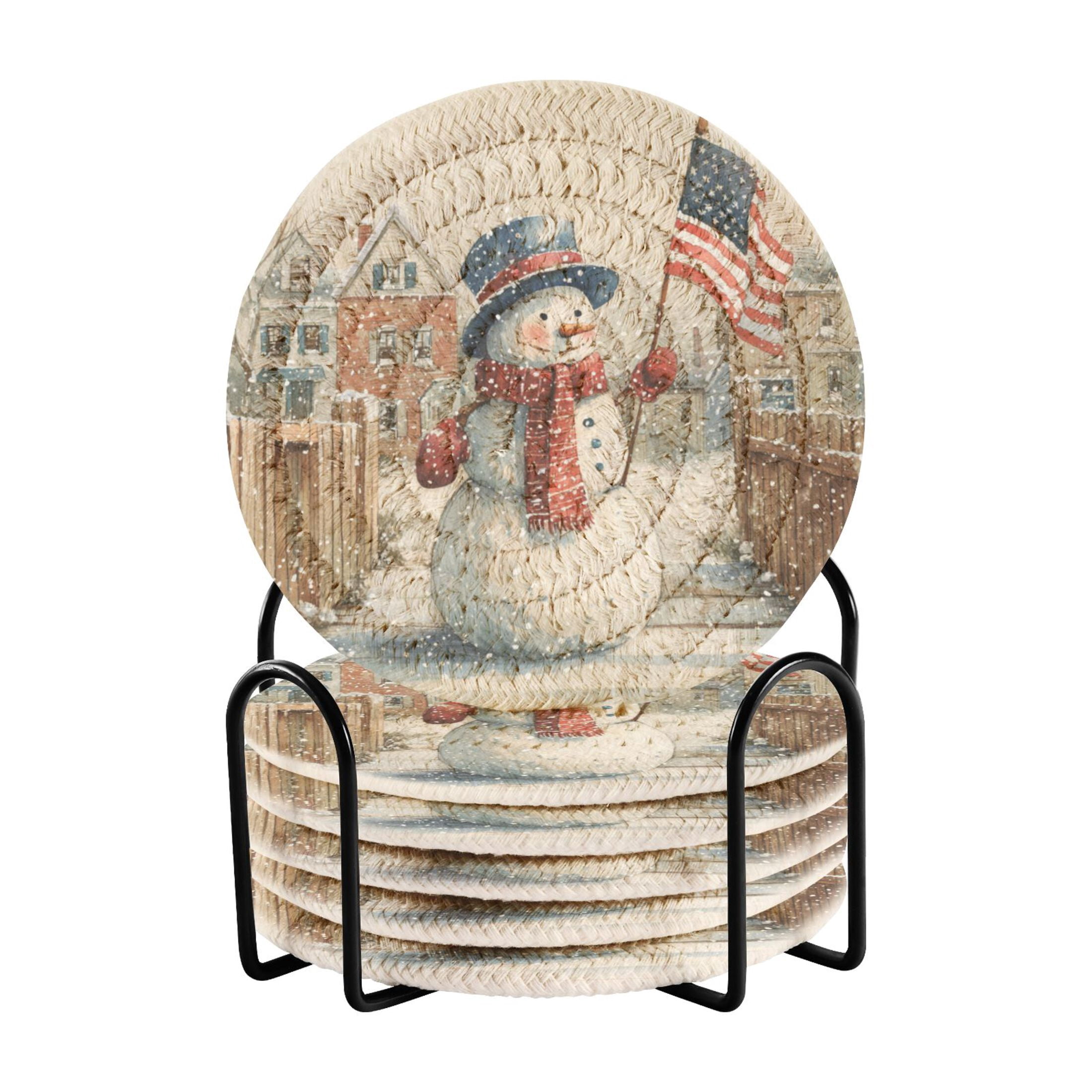 WOBOGO American Flag Snowman Coil Coasters Set of 6 Minimalist Cotton ...