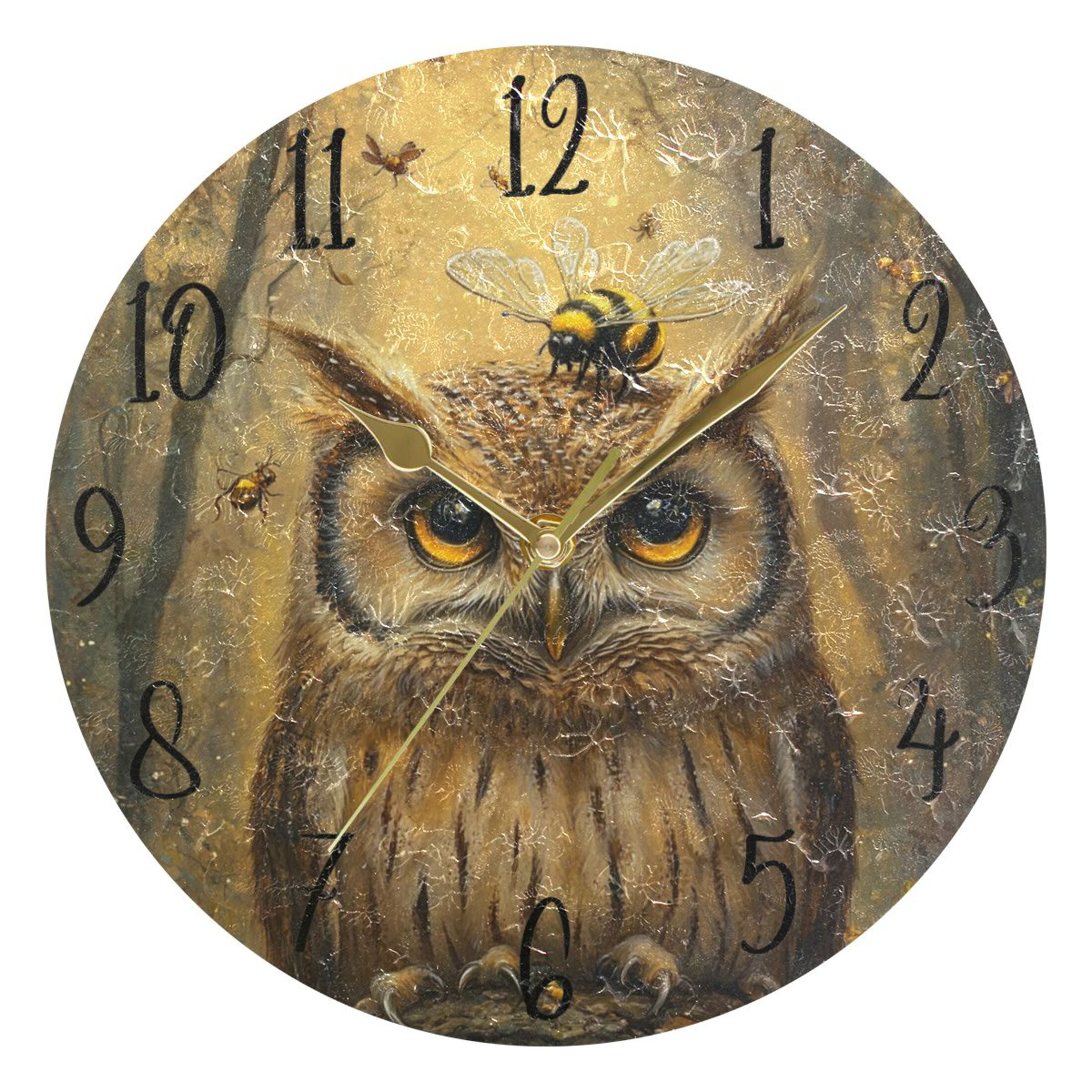 WOBOGO An Owl with Bumblebee Pattern Wall Clock 10in Silent Mechanism ...