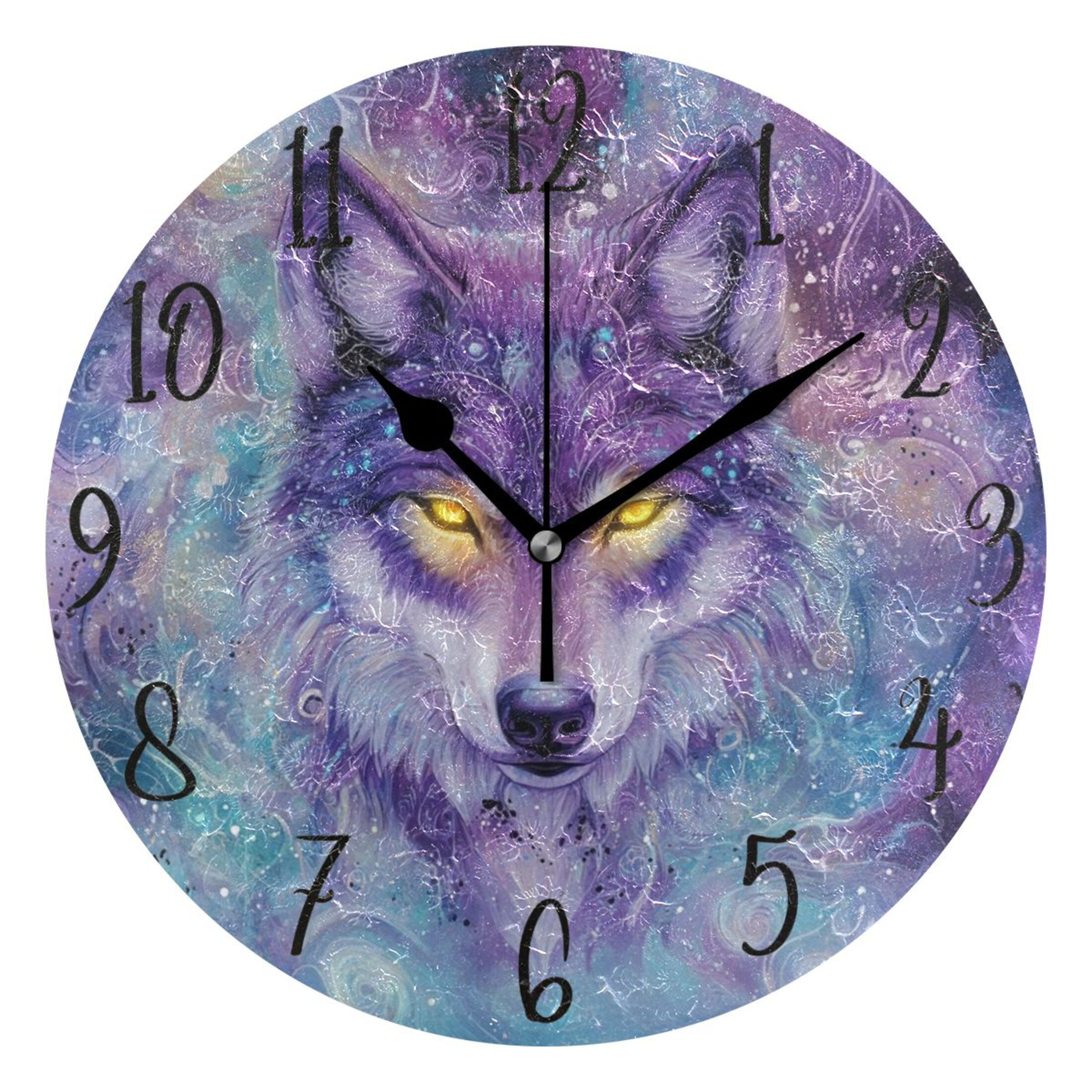 WOBOGO Beautiful Fantasy Wolf Wall Clock 10in Silent Mechanism Battery ...