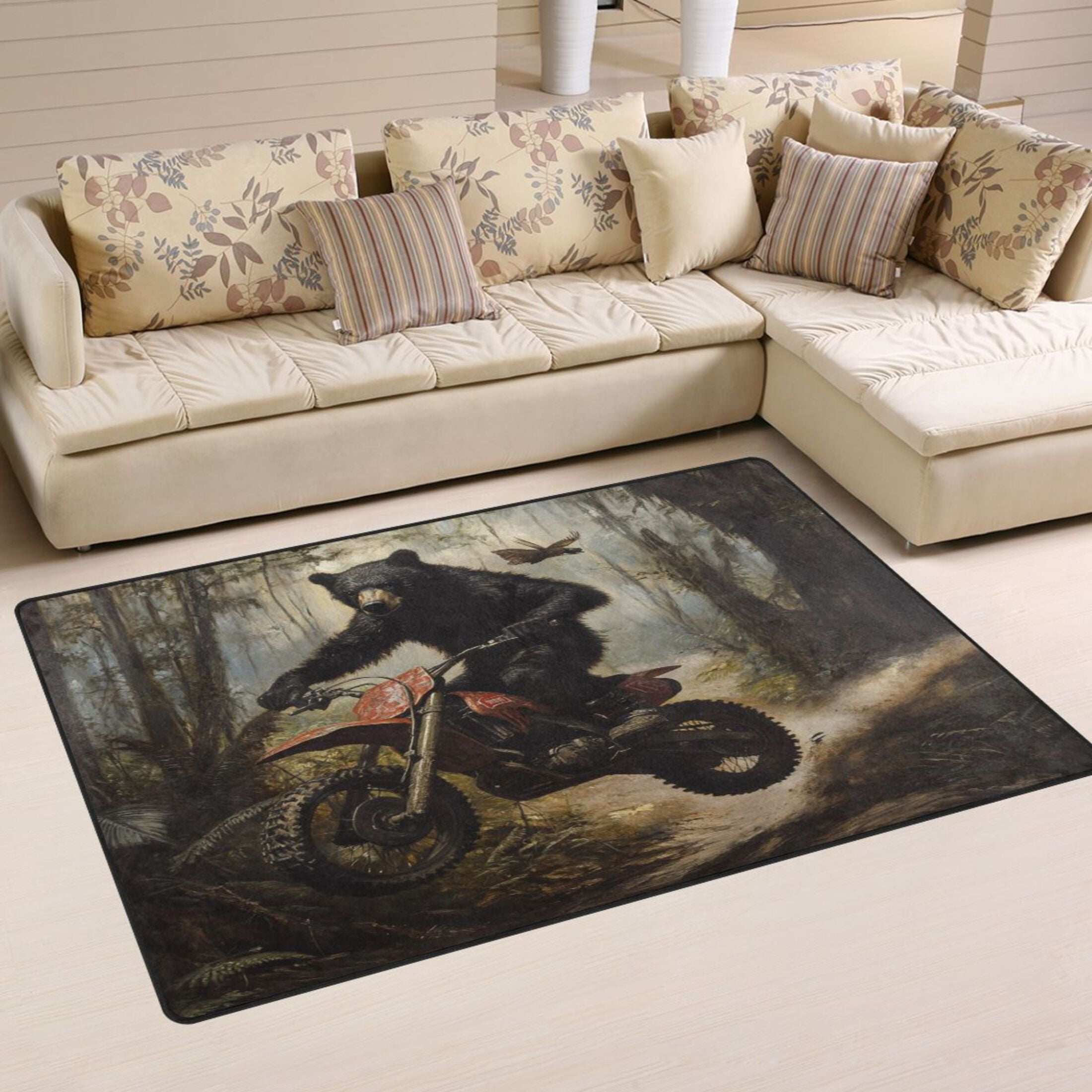 WOBOGO Black Bear Riding A Motocross Bike Carpet Non-Slip Rugs Soft ...