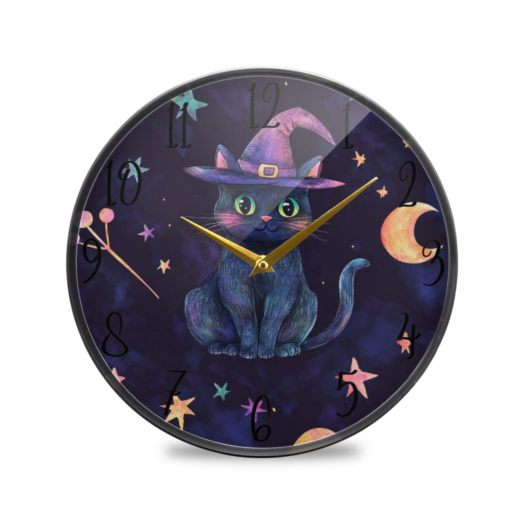 WOBOGO Black Cat in Witch Hat Acrylic Wall Clock Battery Operated 9.5in ...