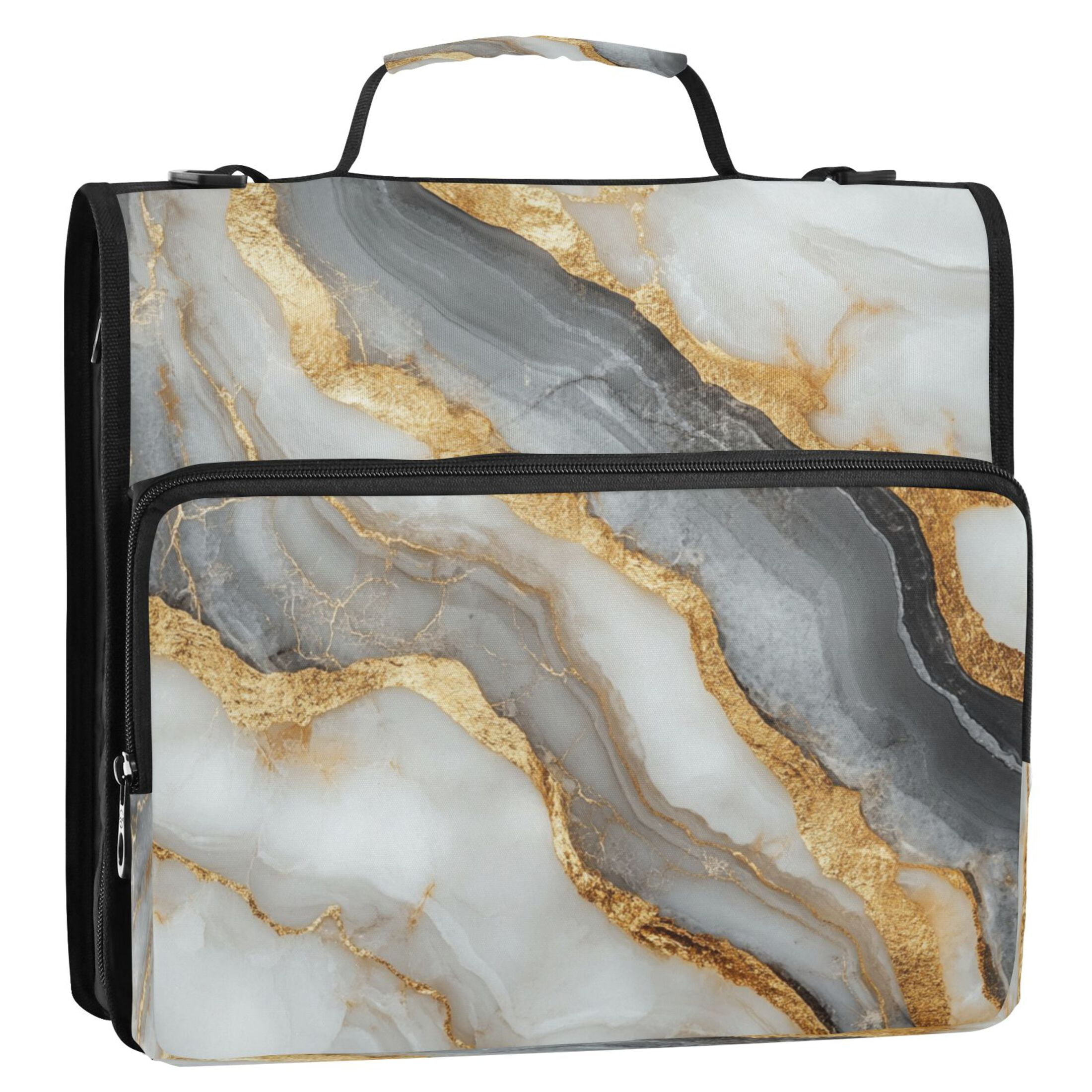 WOBOGO Black Gold Marble Pattern Ring Binder Bag 1.5in Folder Organizer ...