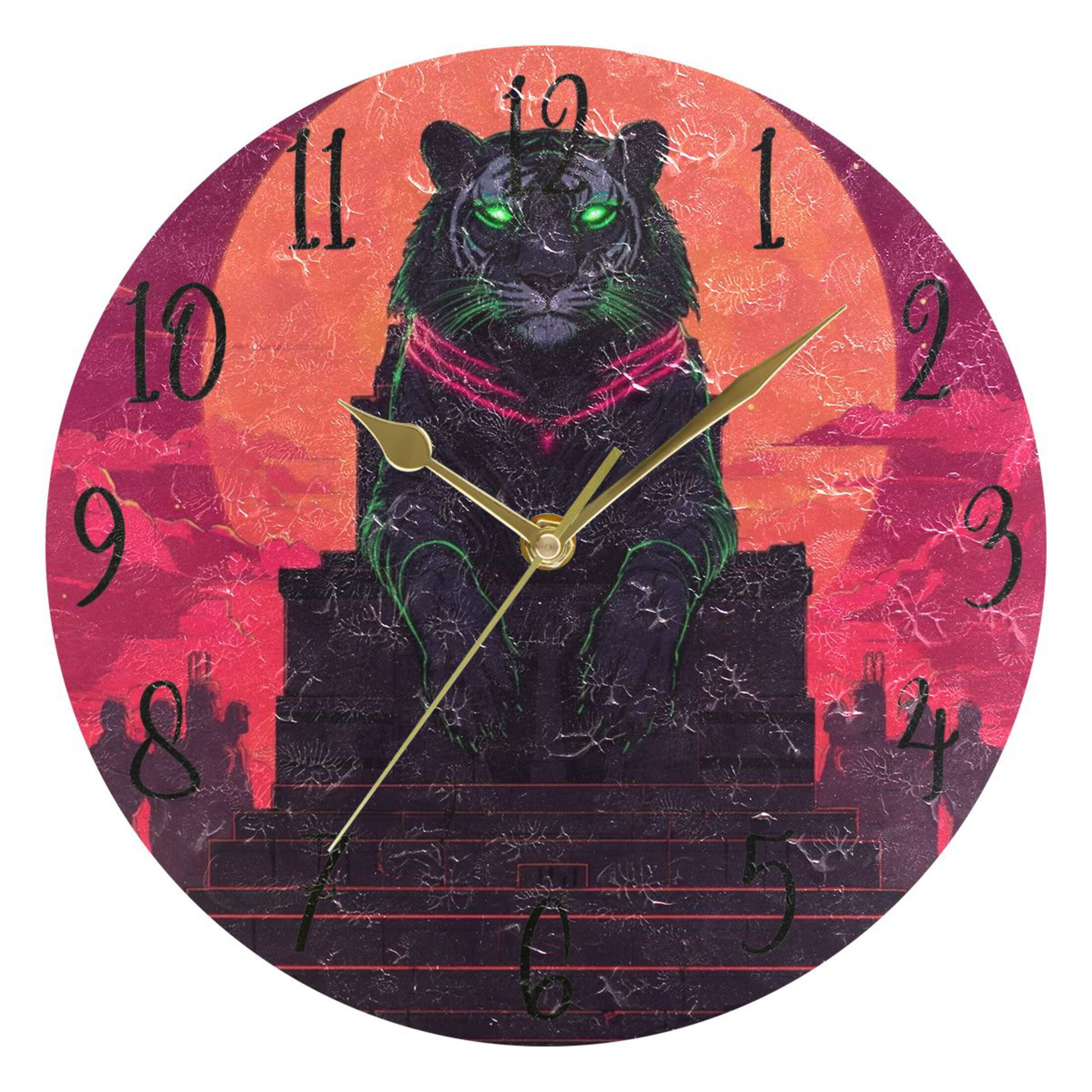 WOBOGO Black Tiger with Glowing Green Eyes Wall Clock 10in Silent ...