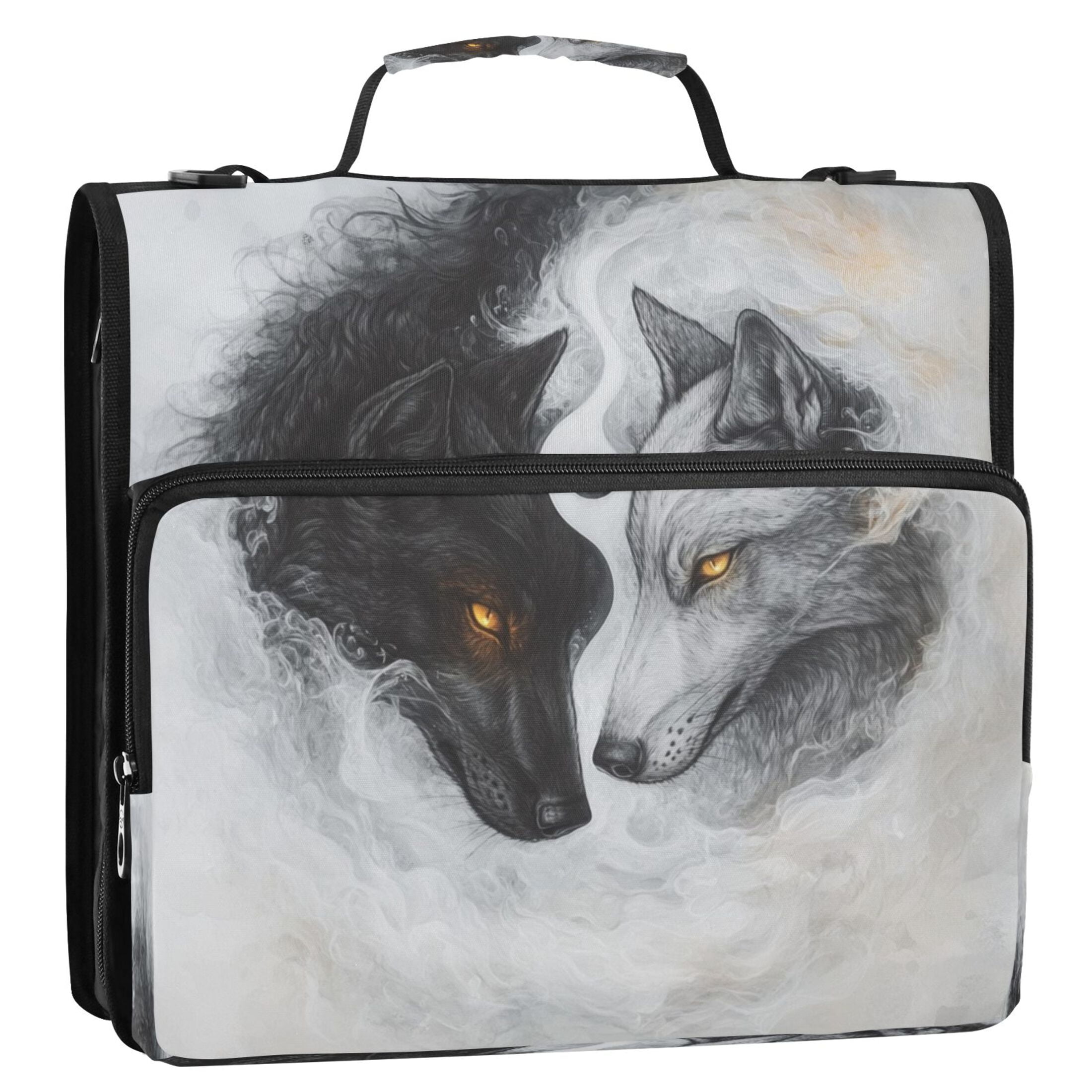 WOBOGO Black White Wolf Pattern Ring Binder Bag 1.5in Folder Organizer ...