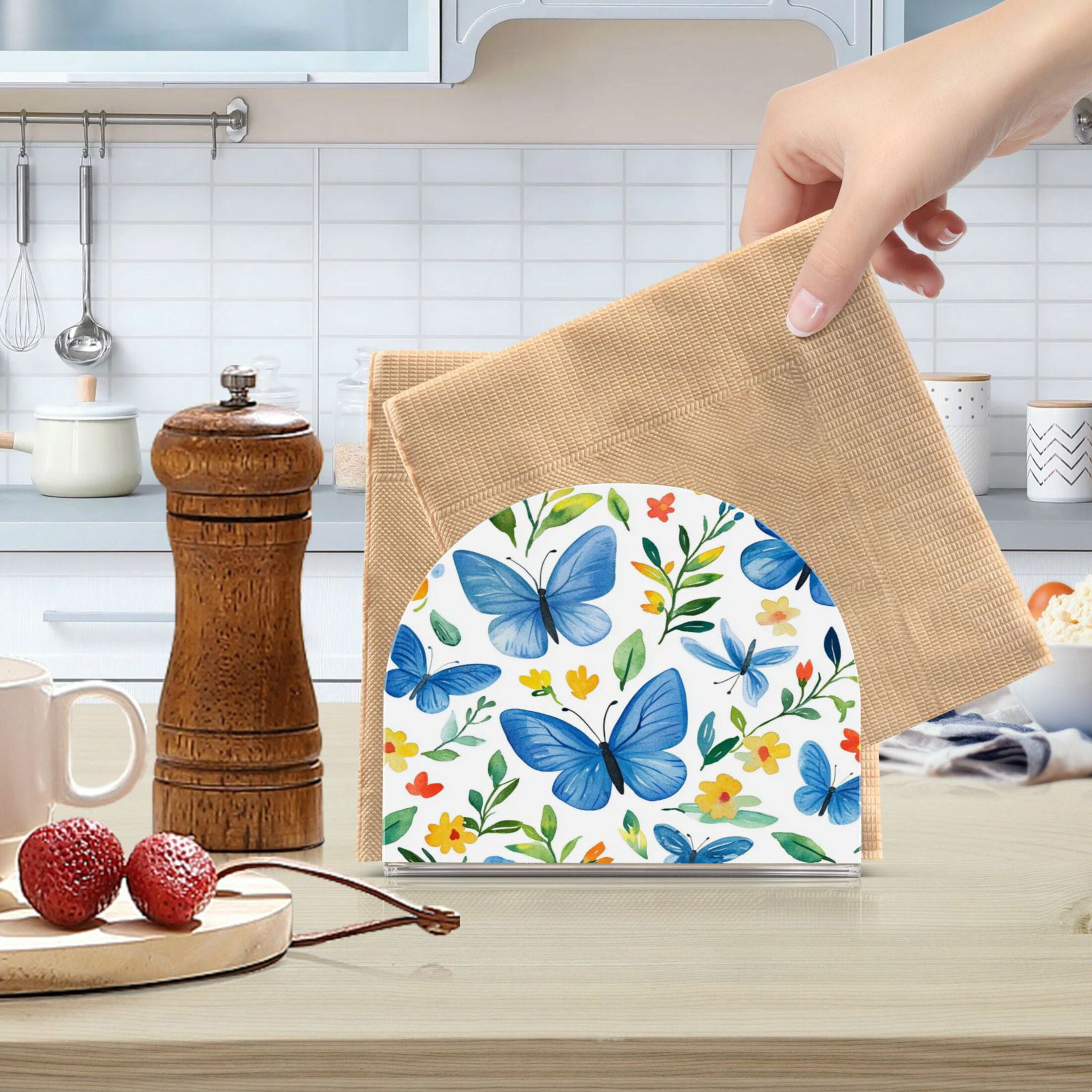 WOBOGO Blue Butterfly Clear Acrylic Napkin Holder 2 Pcs Kitchen Tissue Face Towel Cocktail Rack ...