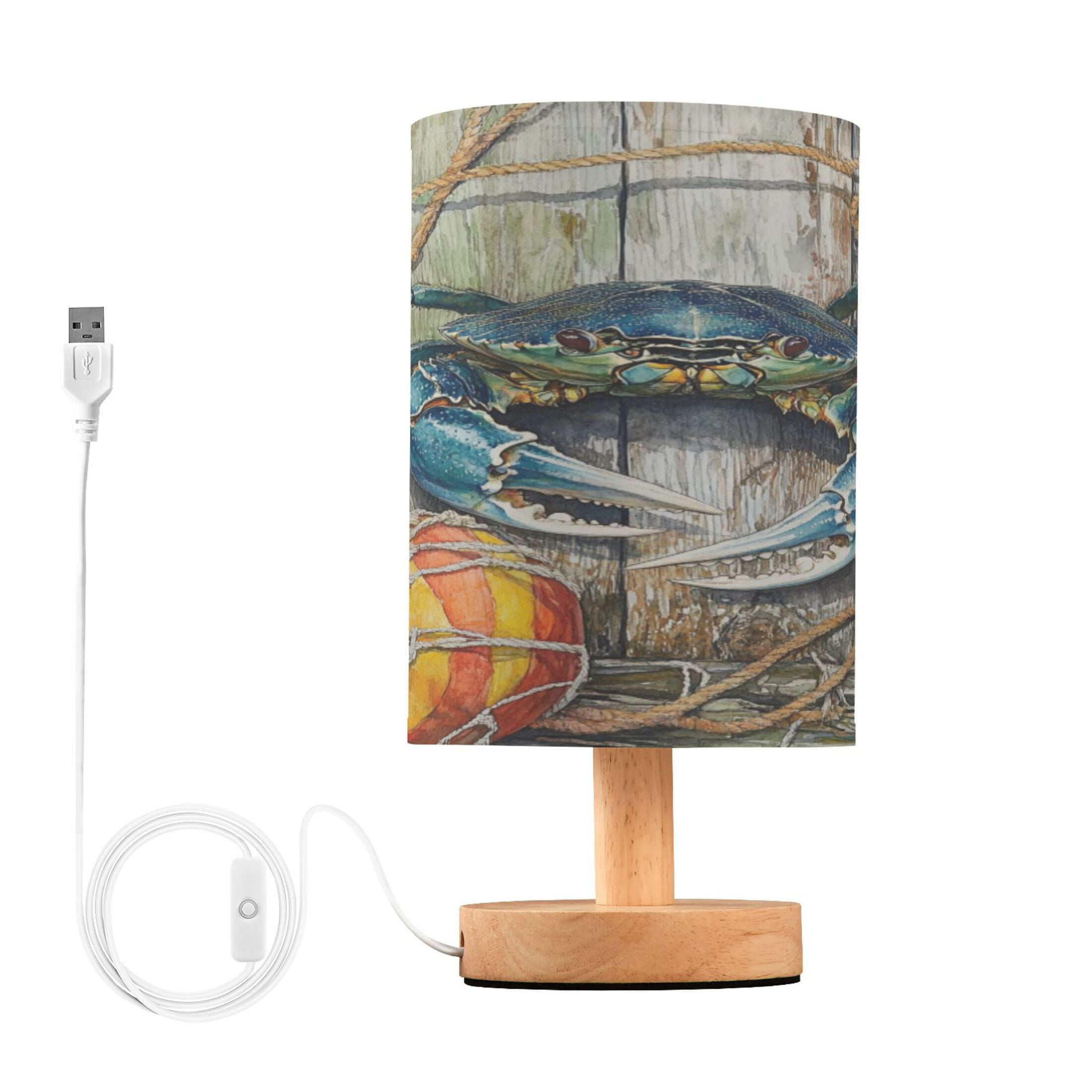 WOBOGO Blue Crab Bedroom Table Lamp USB Power Connector Wooden Base ...