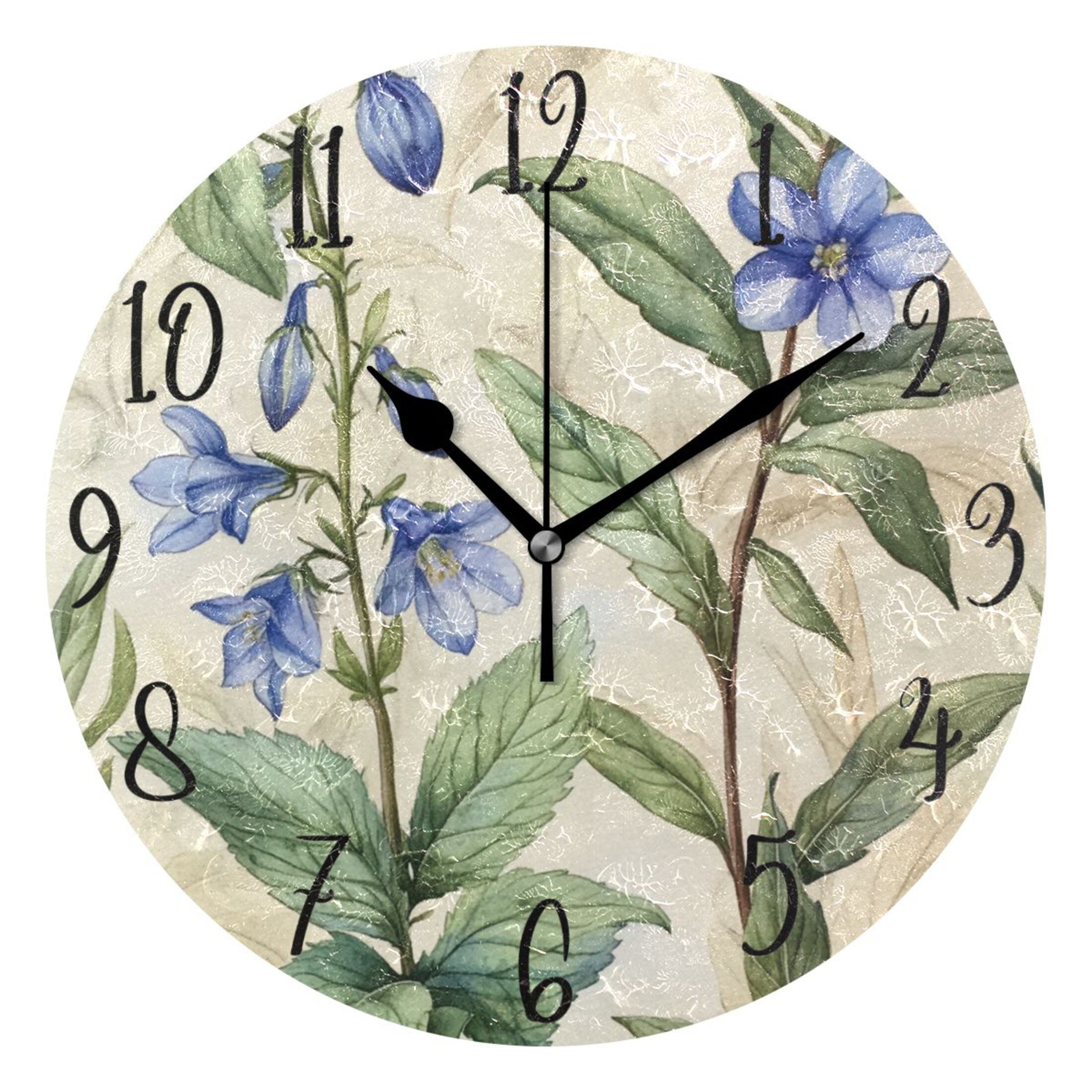 WOBOGO Blue Flowers Wall Clock 10in Silent Mechanism Battery Operated ...