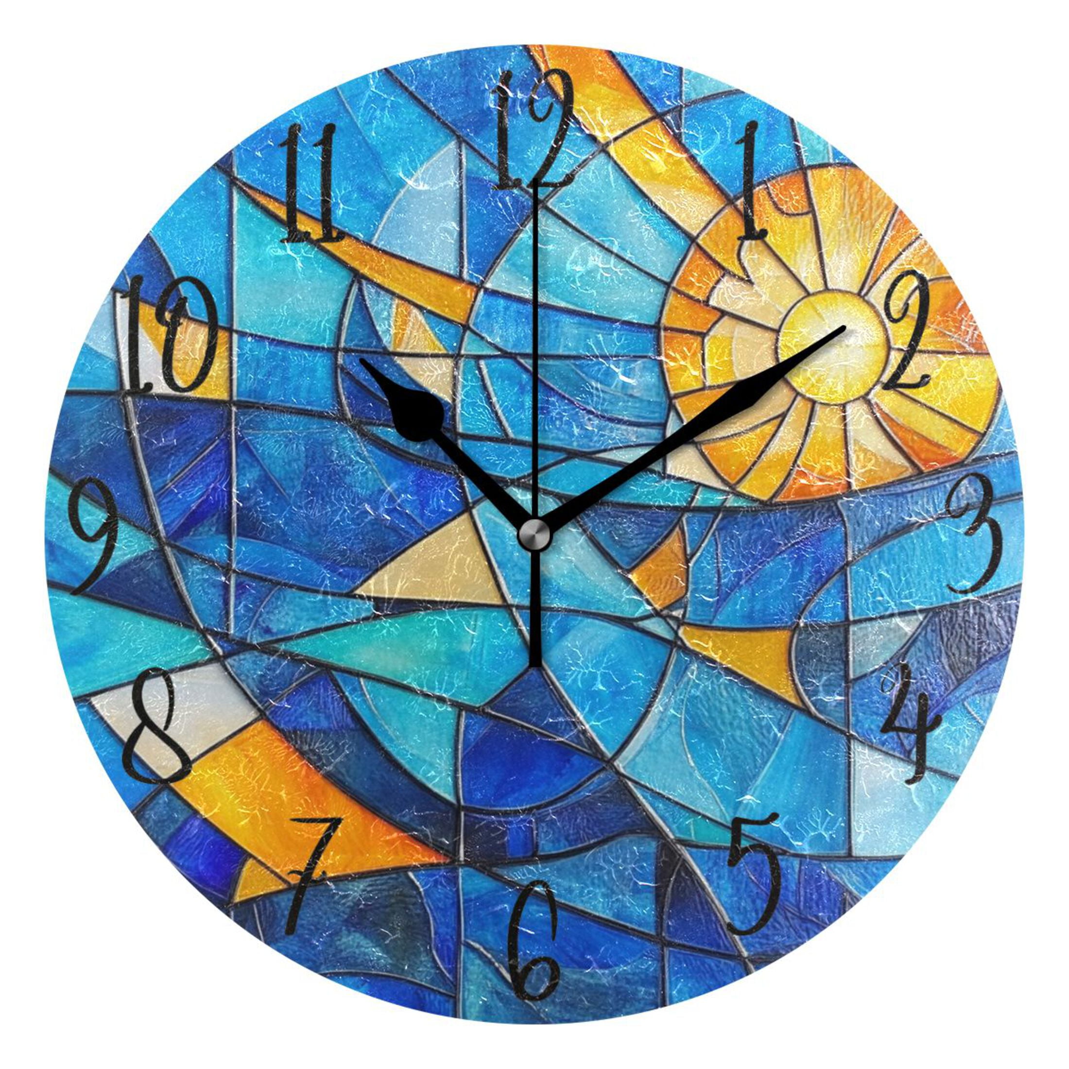 WOBOGO Blue Glass Sun Pattern Wall Clock 10in Silent Mechanism Battery ...