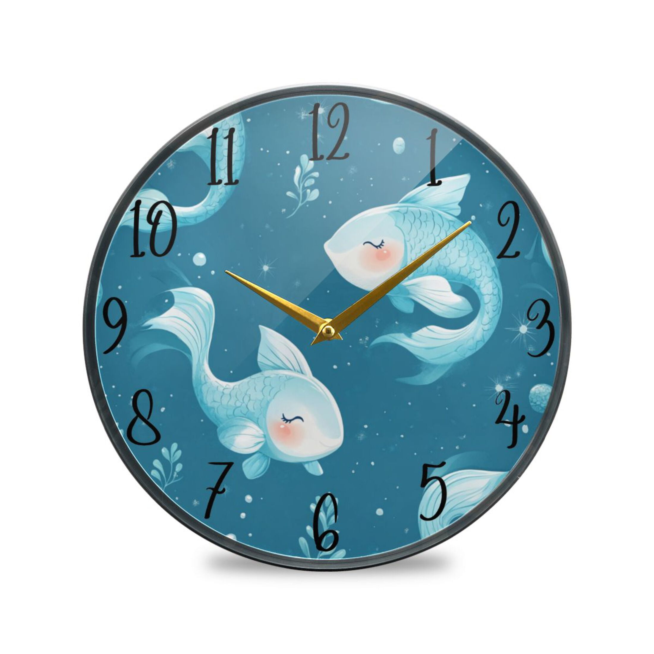 WOBOGO Blue Pattern Of Fish and Water Plants Acrylic Wall Clock Battery ...