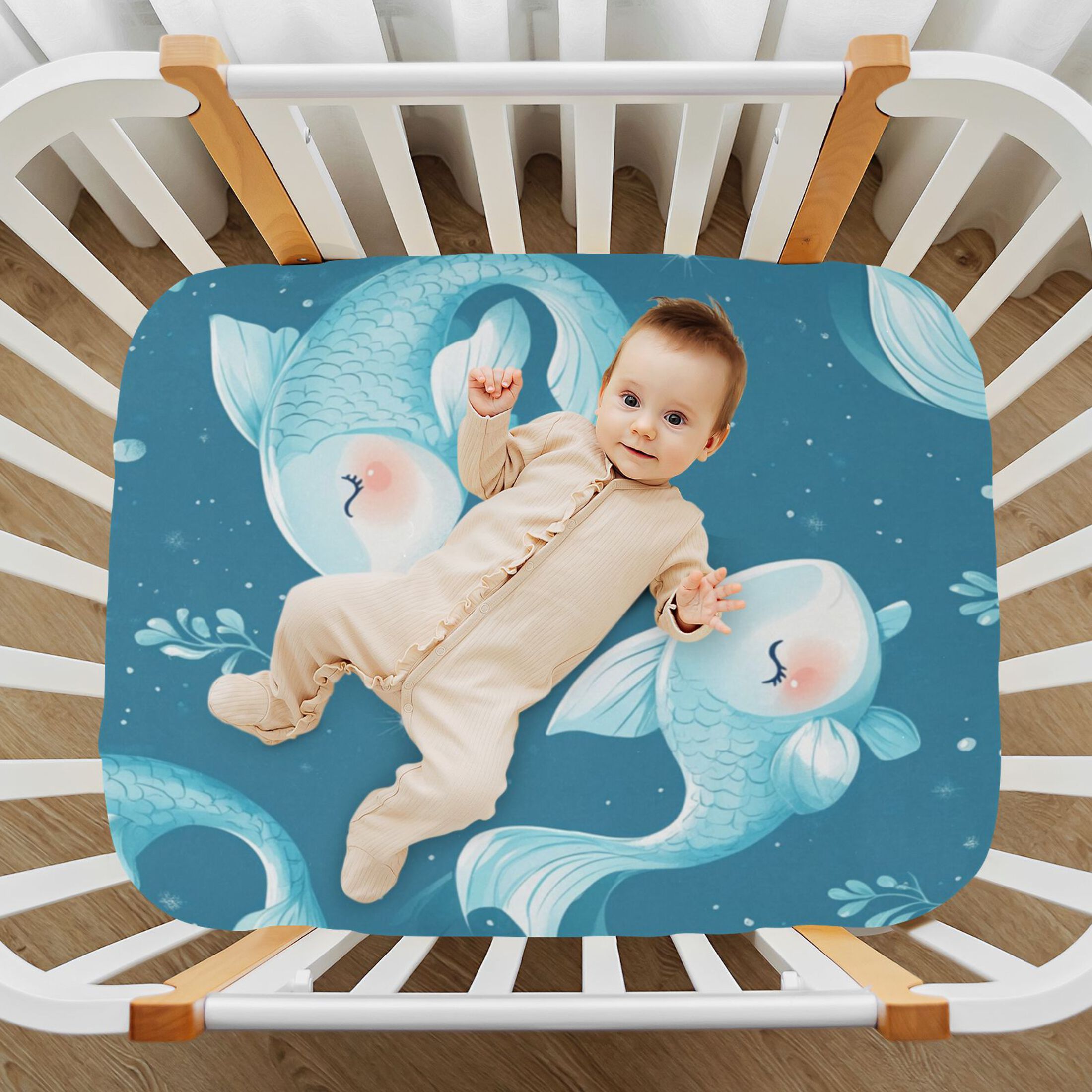 WOBOGO Blue Pattern Of Fish and Water Plants Baby Crib Sheets Super ...