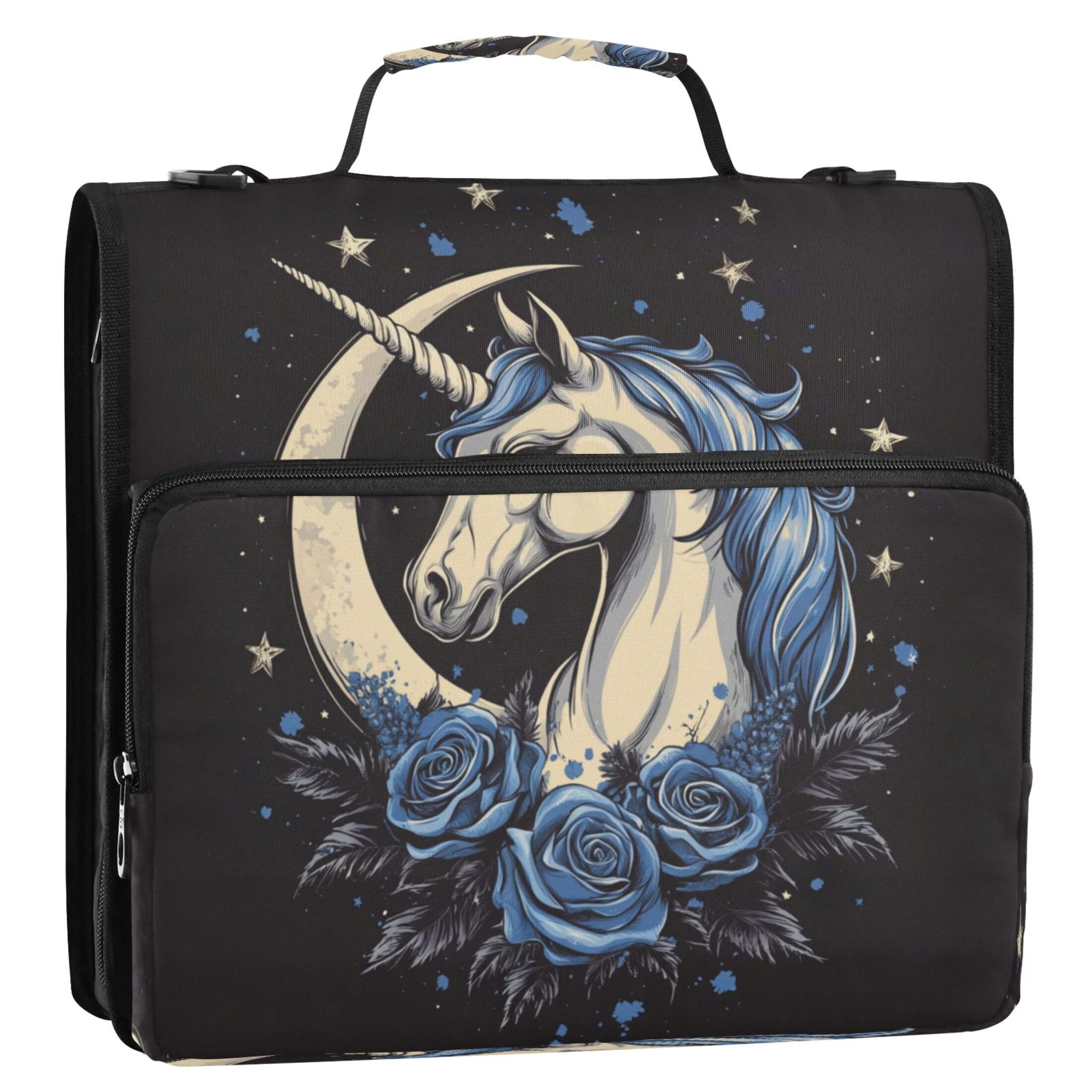 WOBOGO Blue Rose Unicorn Pattern Ring Binder Bag 1.5in Folder Organizer ...