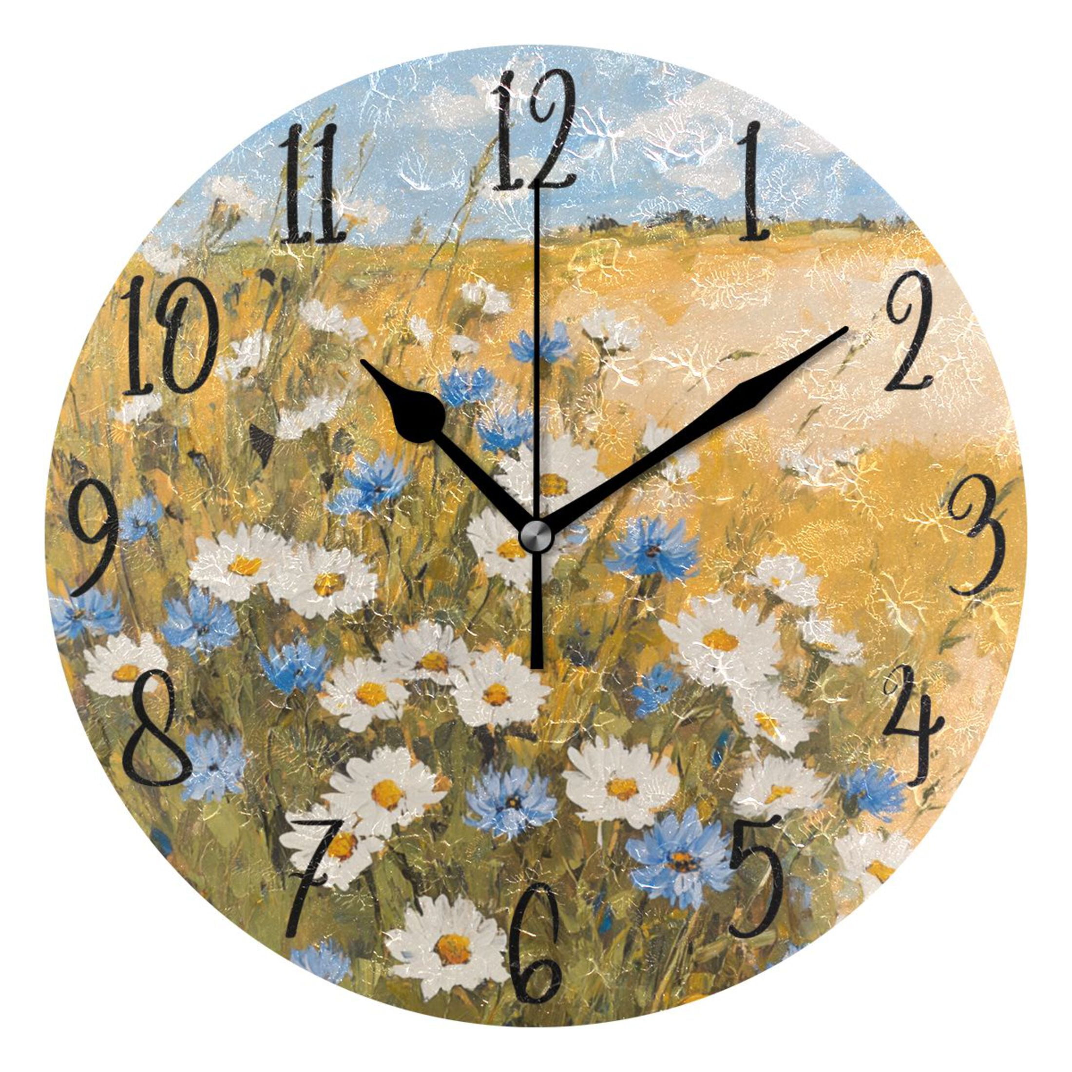WOBOGO Blue and White Flower Wall Clock 10in Silent Mechanism Battery ...