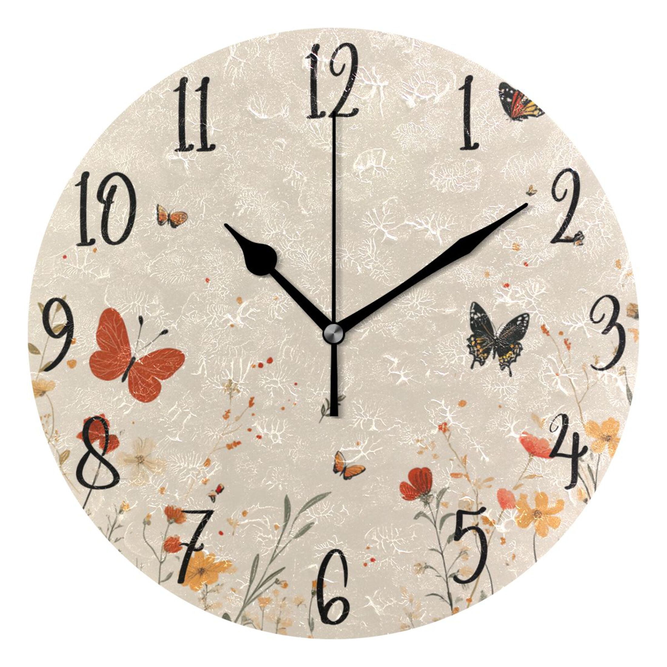 WOBOGO Butterfly Wildflower Pictures Wall Clock 10in Silent Mechanism ...
