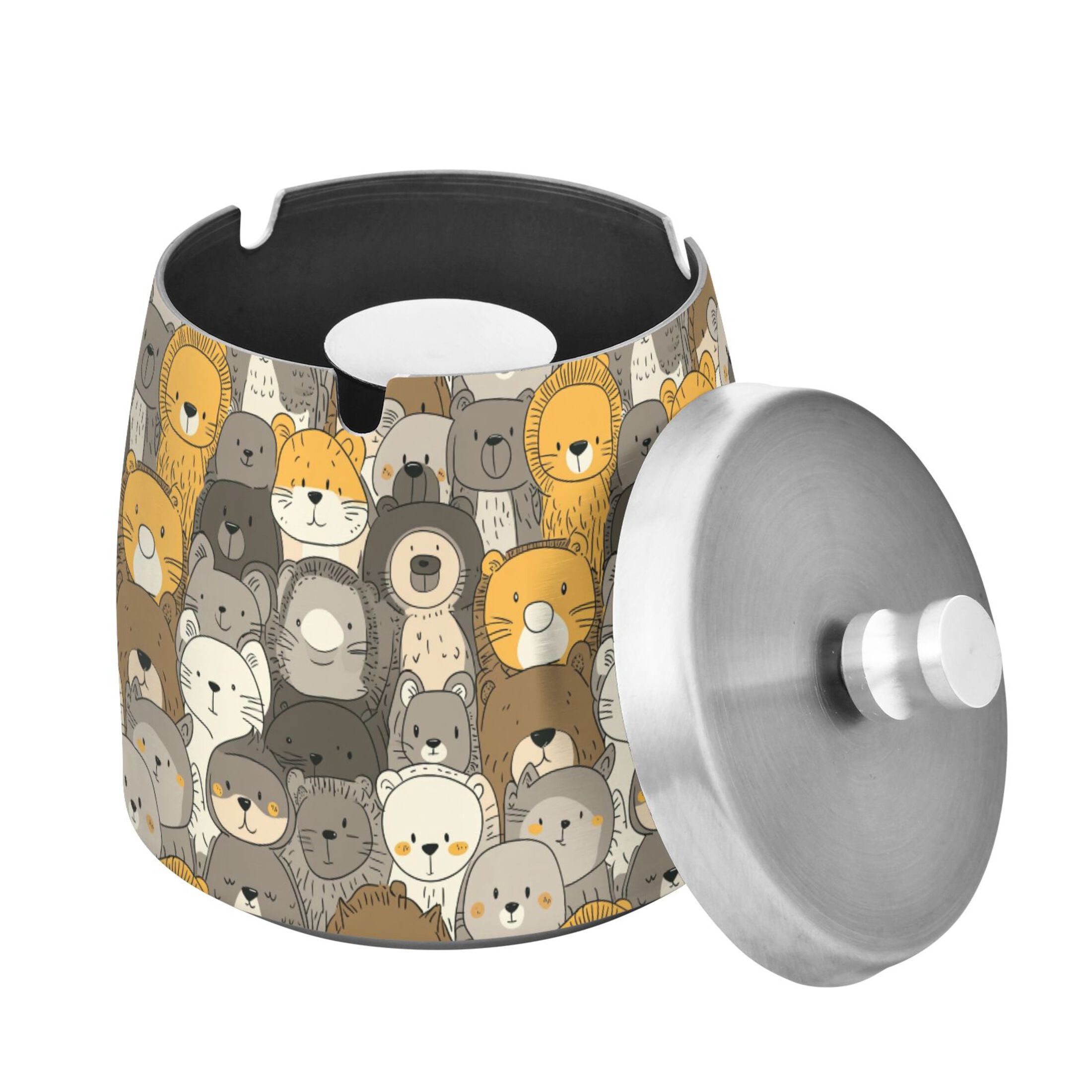 WOBOGO Cartoon Bear Lions Pattern Ashtray with Lid Stainless Steel ...