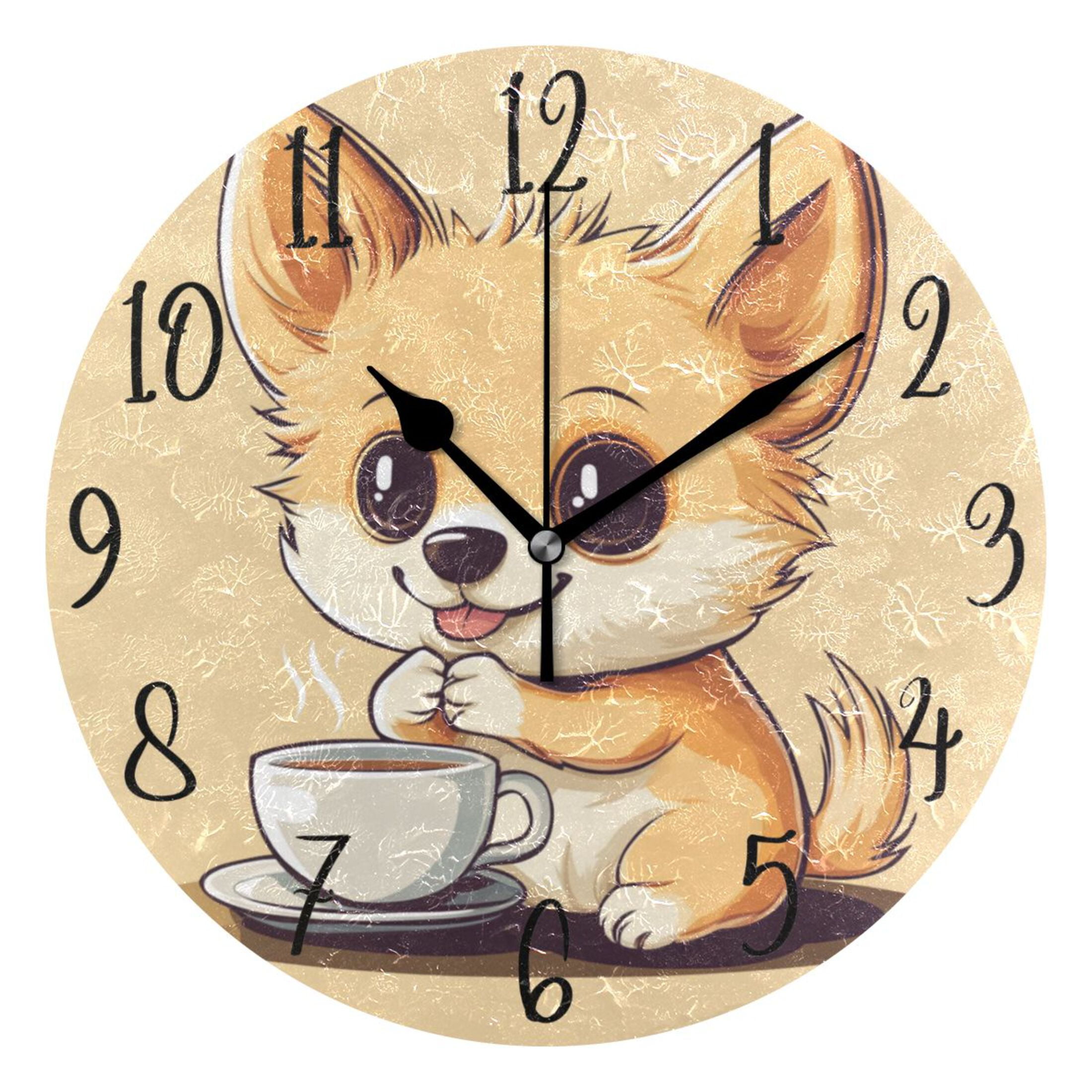 WOBOGO Cartoon Cute Dog Drink Coffee Wall Clock 10in Silent Mechanism ...
