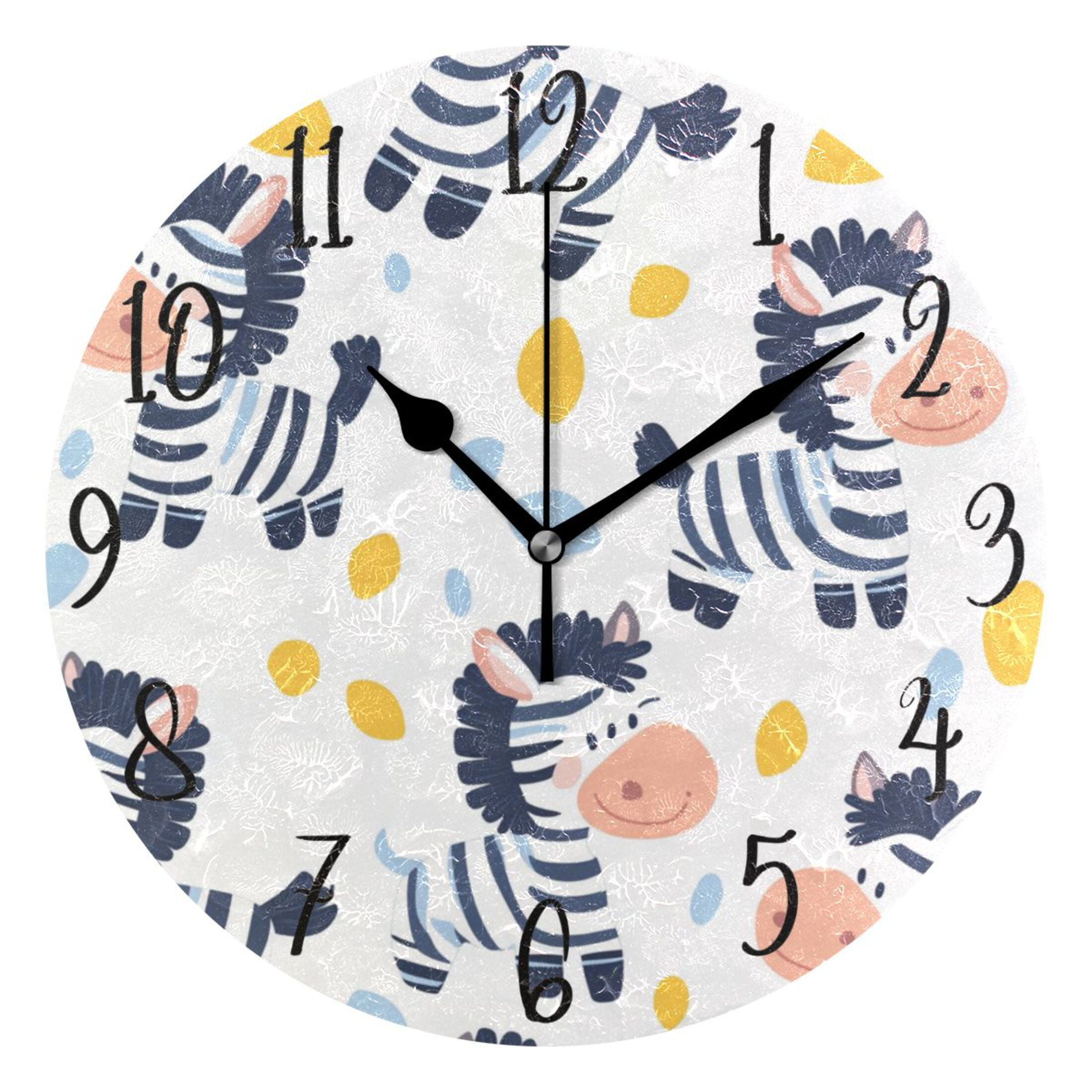 WOBOGO Cartoon Cute Zebra Wall Clock 10in Silent Mechanism Battery Operated Retro Style for ...
