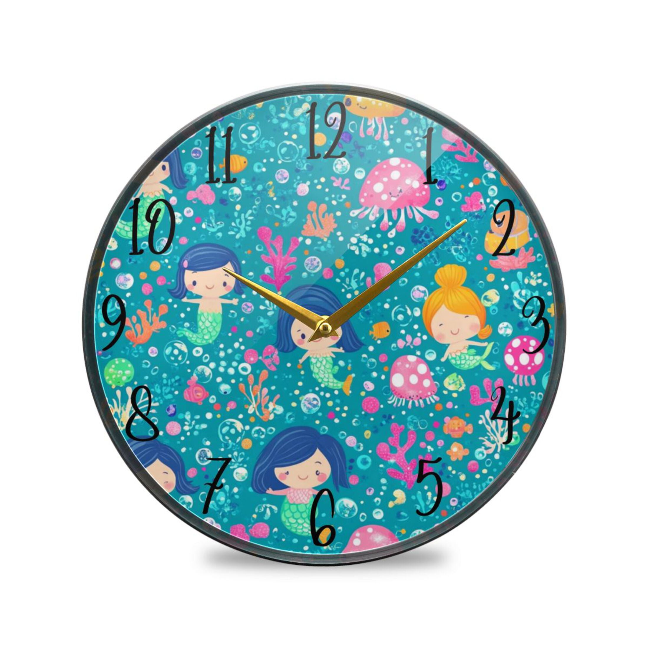 WOBOGO Cartoon Mermaids Blue Pattern Acrylic Wall Clock Battery ...
