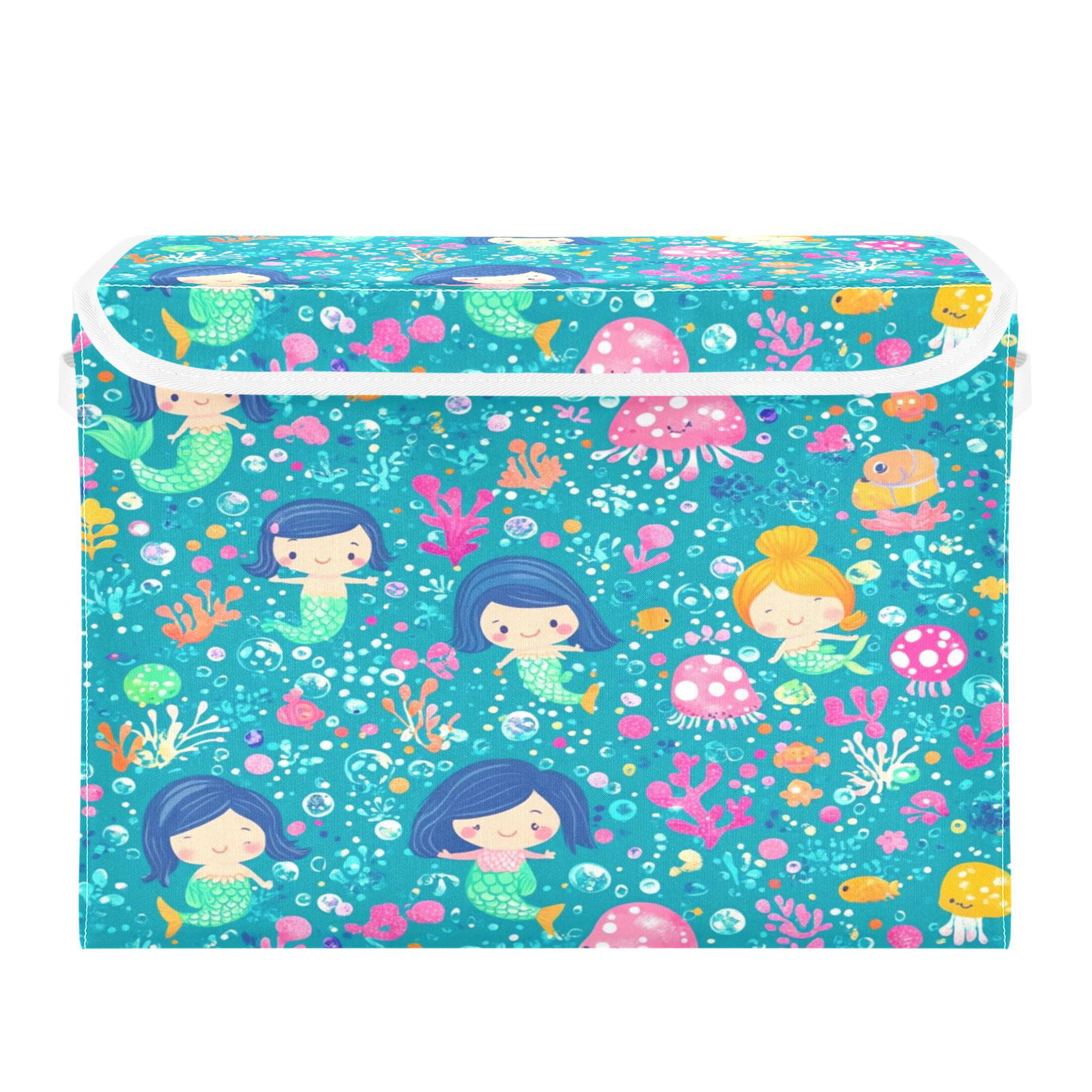 WOBOGO Cartoon Mermaids Blue Pattern Large Collapsible Storage Box Flip ...