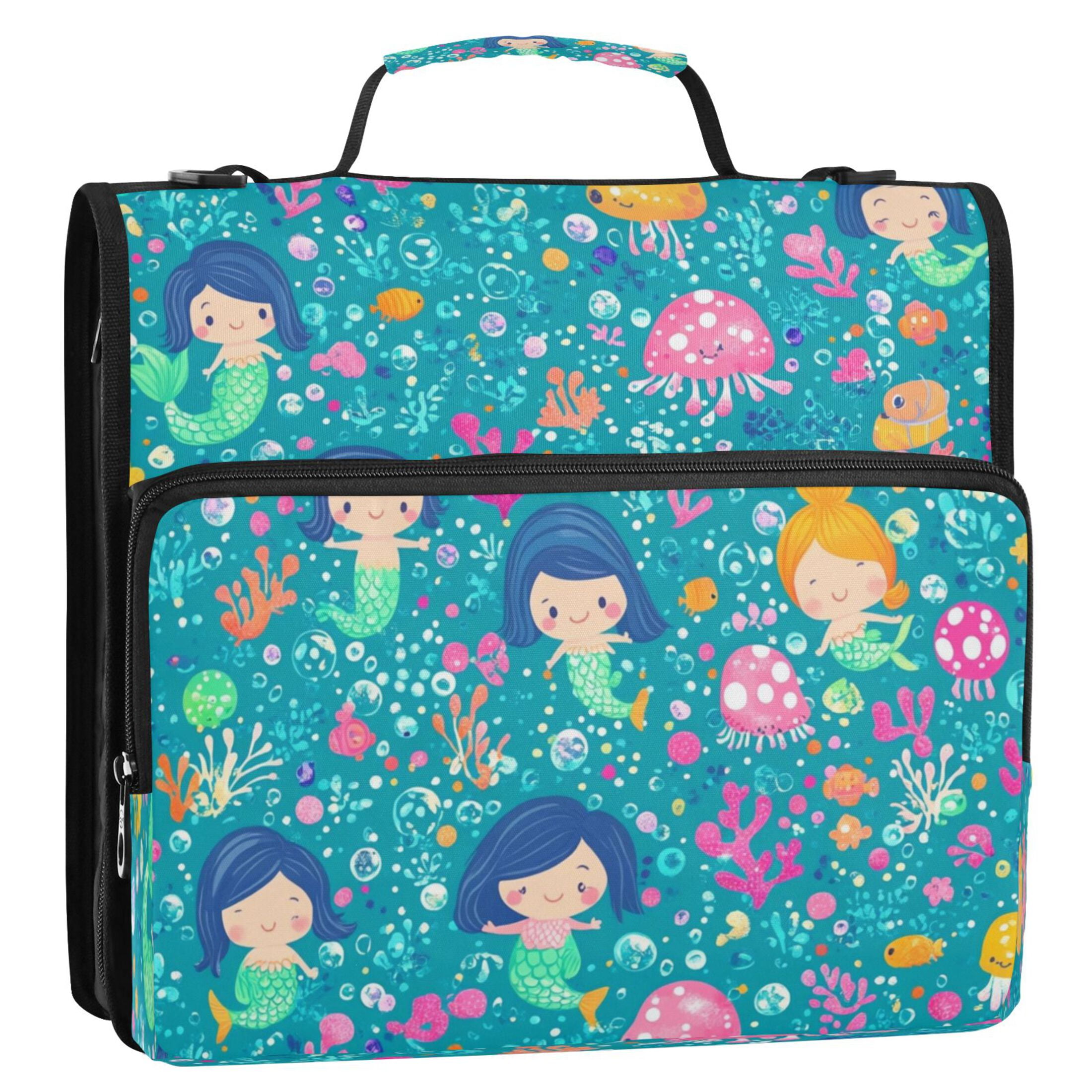 WOBOGO Cartoon Mermaids Blue Pattern Ring Binder Bag 1.5in Folder ...