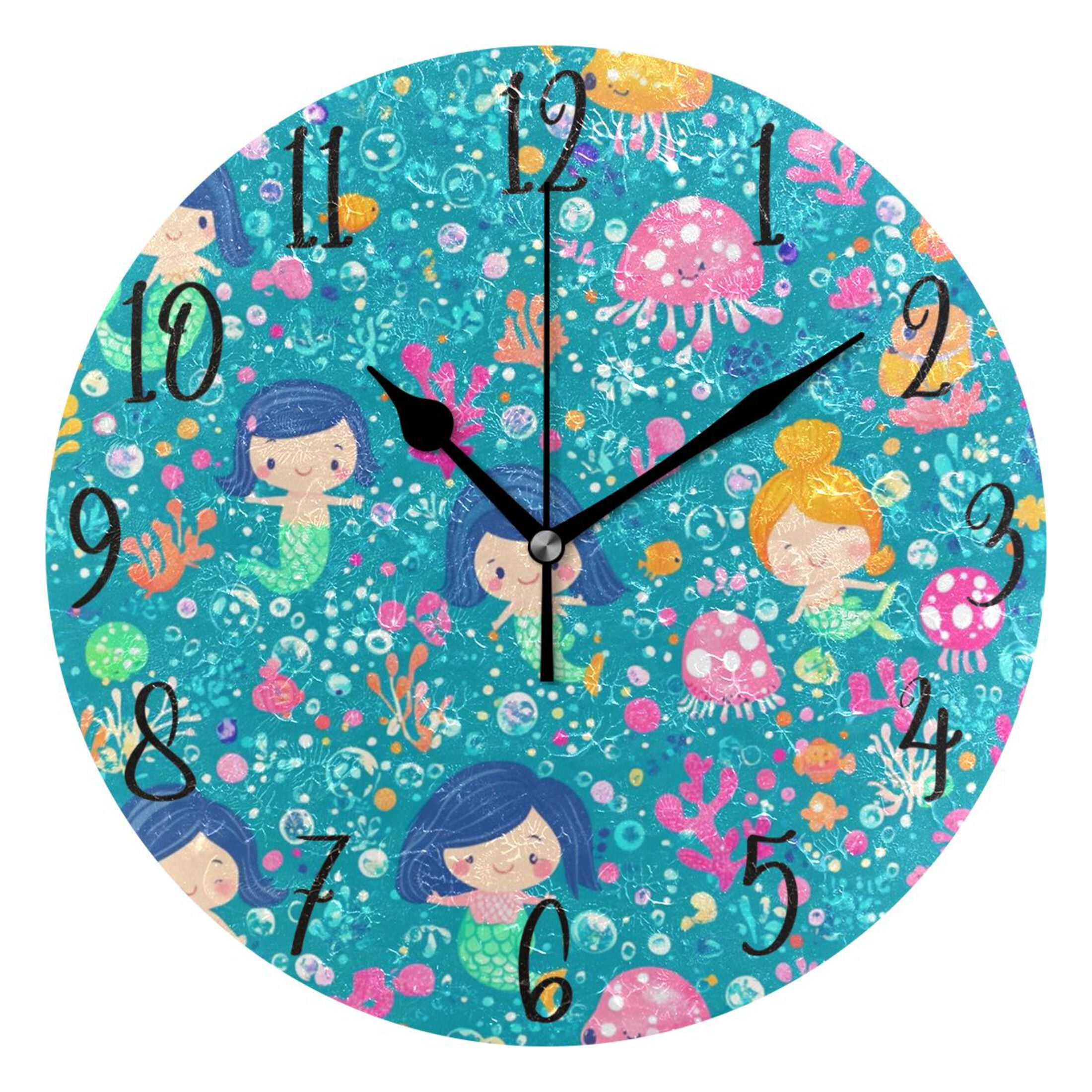 WOBOGO Cartoon Mermaids Blue Pattern Wall Clock 10in Silent Mechanism ...
