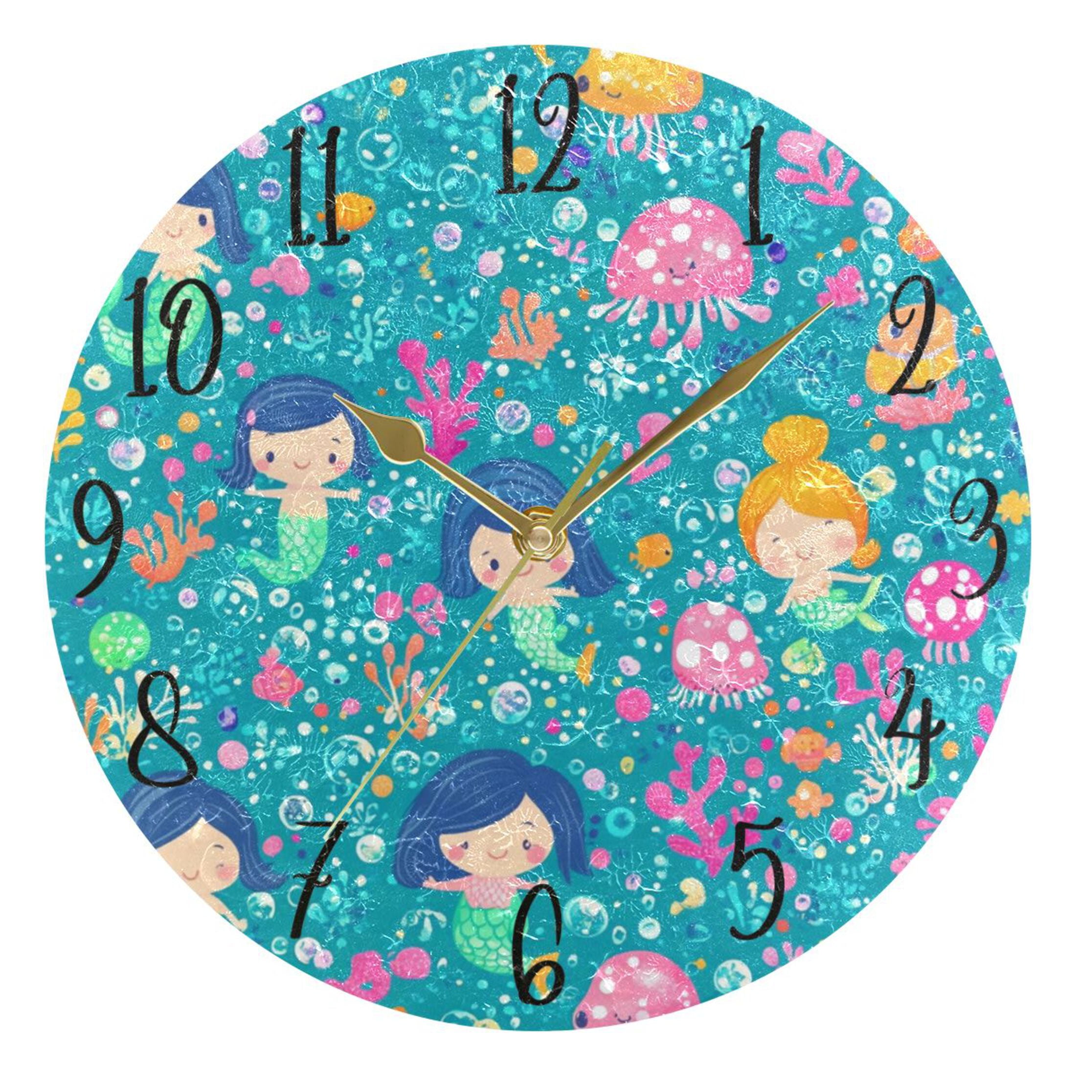 WOBOGO Cartoon Mermaids Blue Pattern Wall Clock 10in Silent Mechanism ...