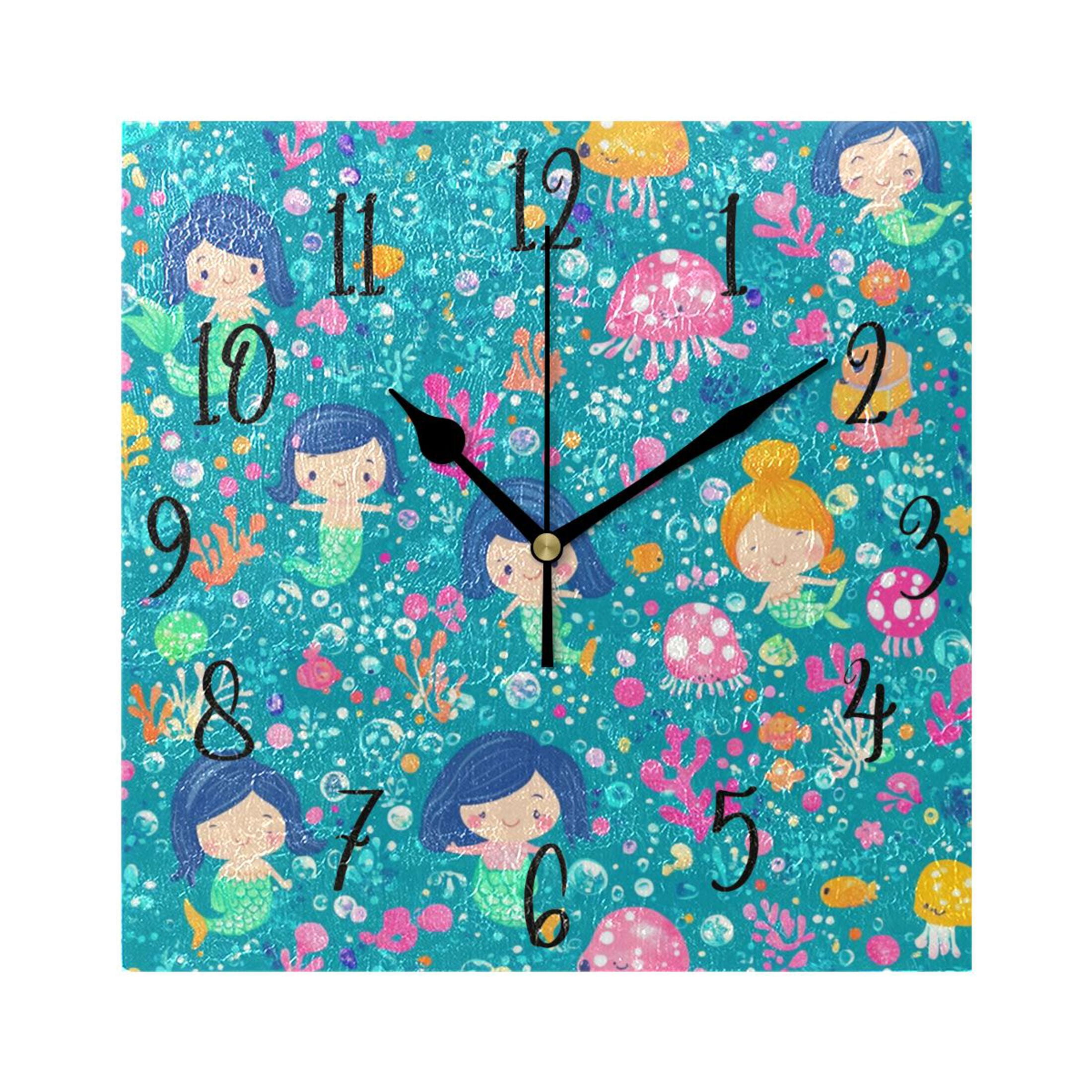 WOBOGO Cartoon Mermaids Blue Pattern Wall Clock 7.78 Inch Battery ...