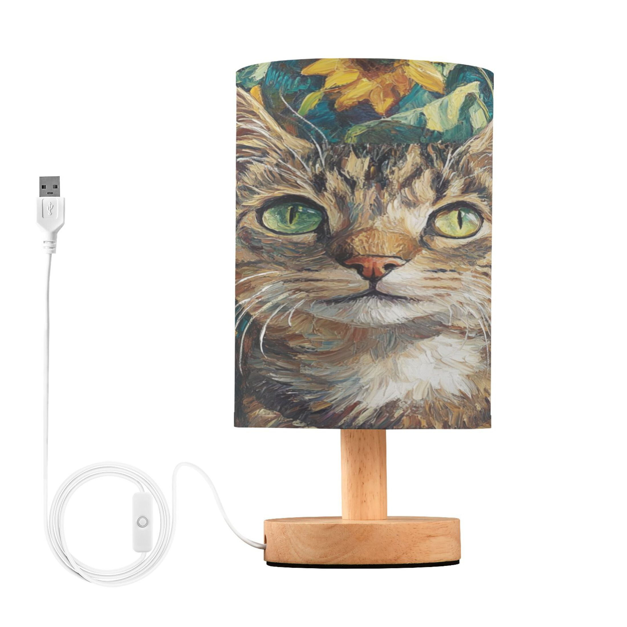 WOBOGO Cat Oil Painting Bedroom Table Lamp USB Power Connector Wooden ...