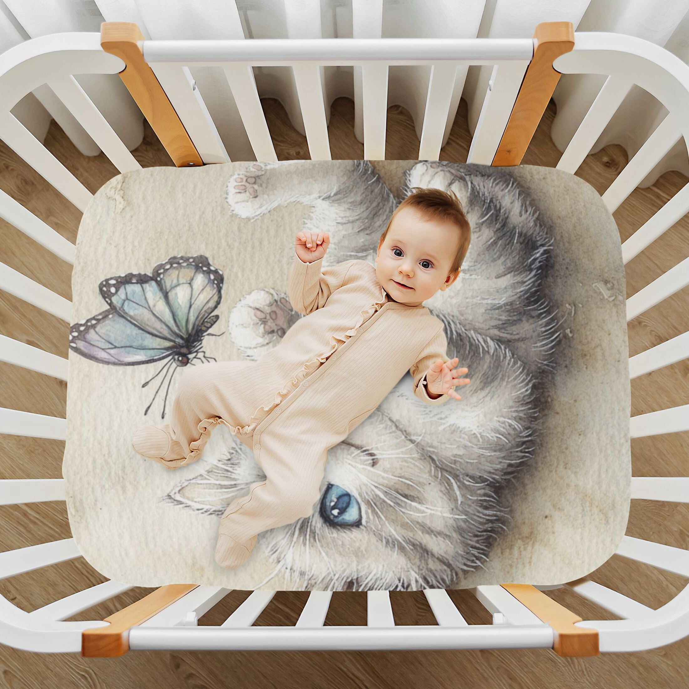 WOBOGO Cat Plays with Butterfly Baby Crib Sheets Super Soft Microfiber ...