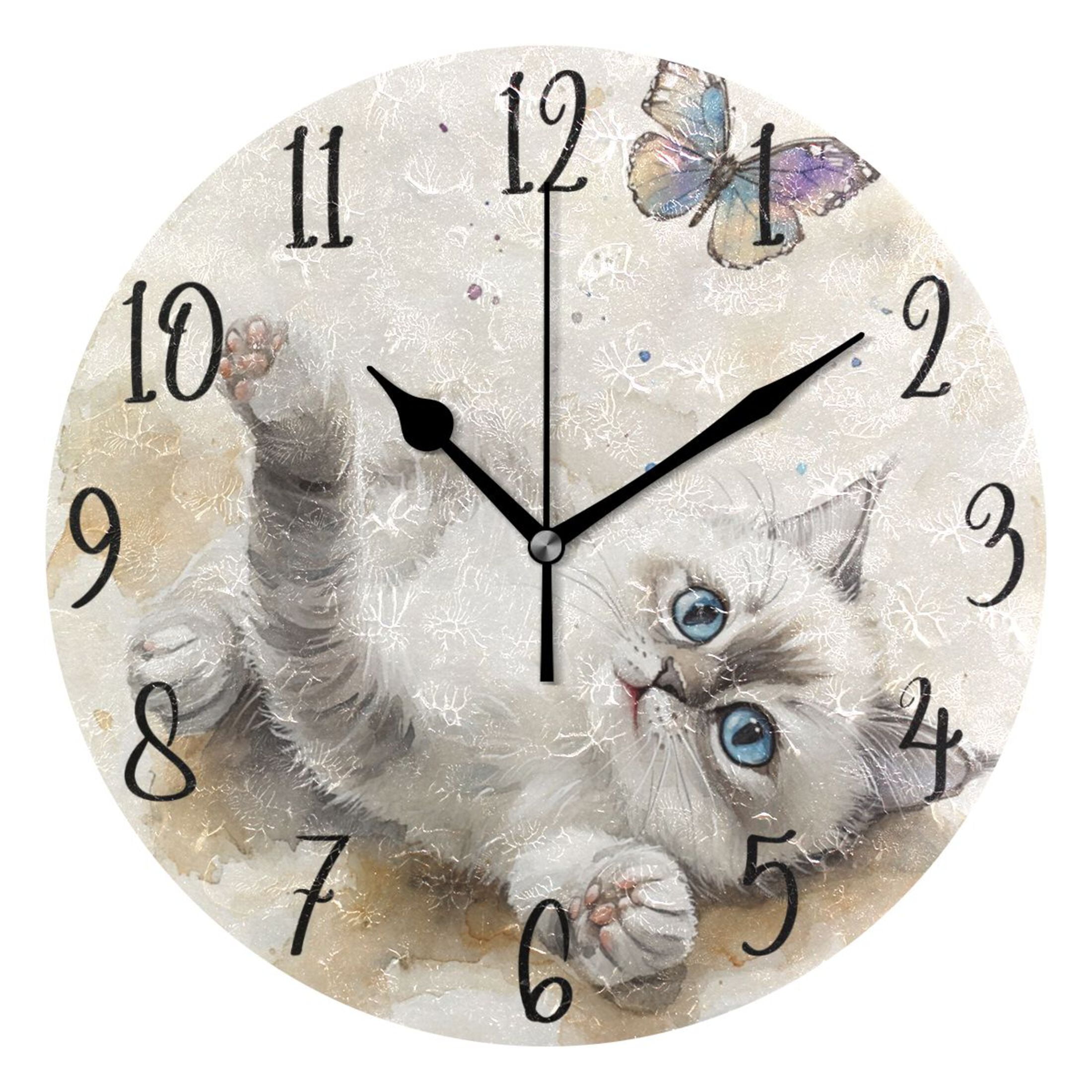 WOBOGO Cat with Colorful Butterfly Wall Clock 10in Silent Mechanism ...