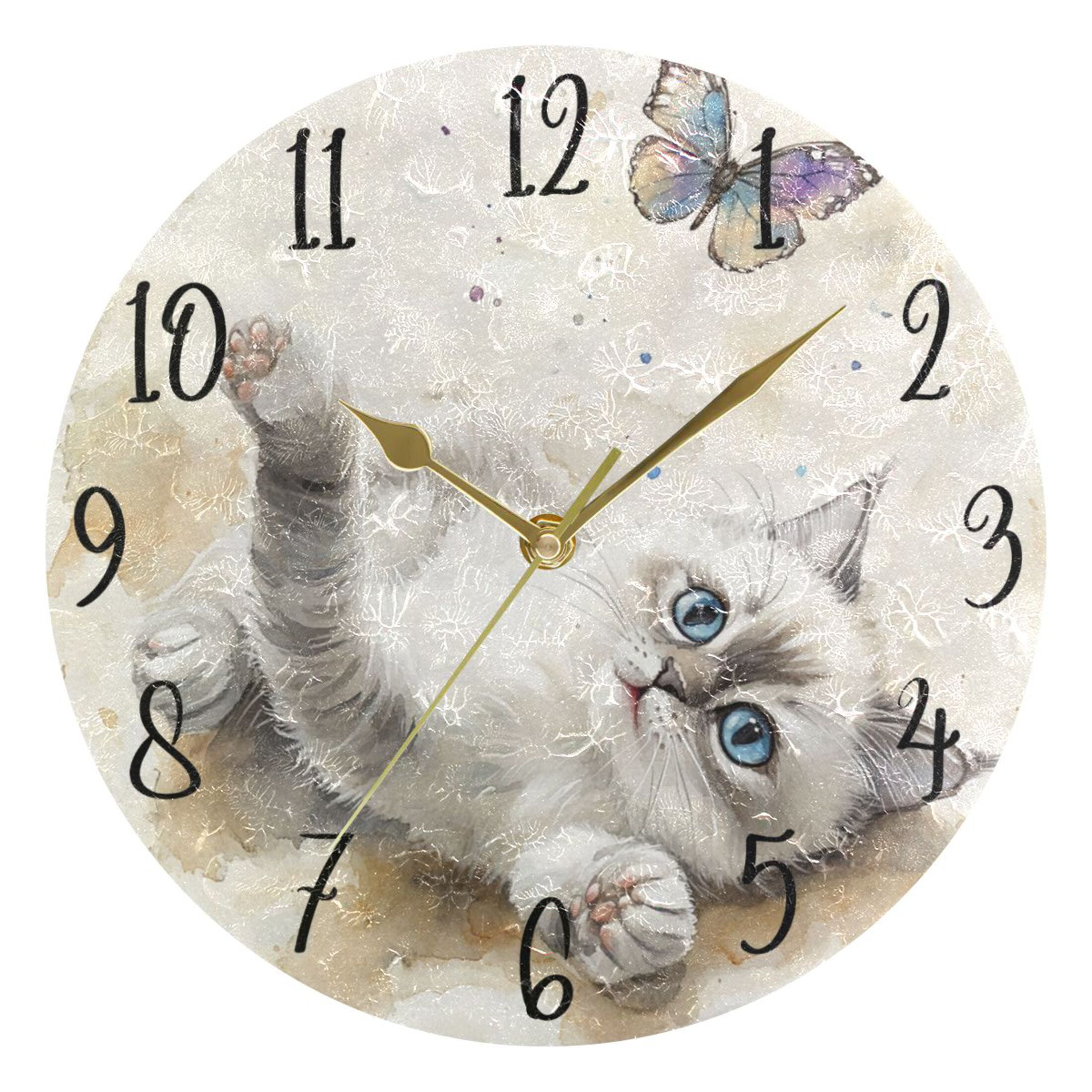WOBOGO Cat with Colorful Butterfly Wall Clock 10in Silent Mechanism ...