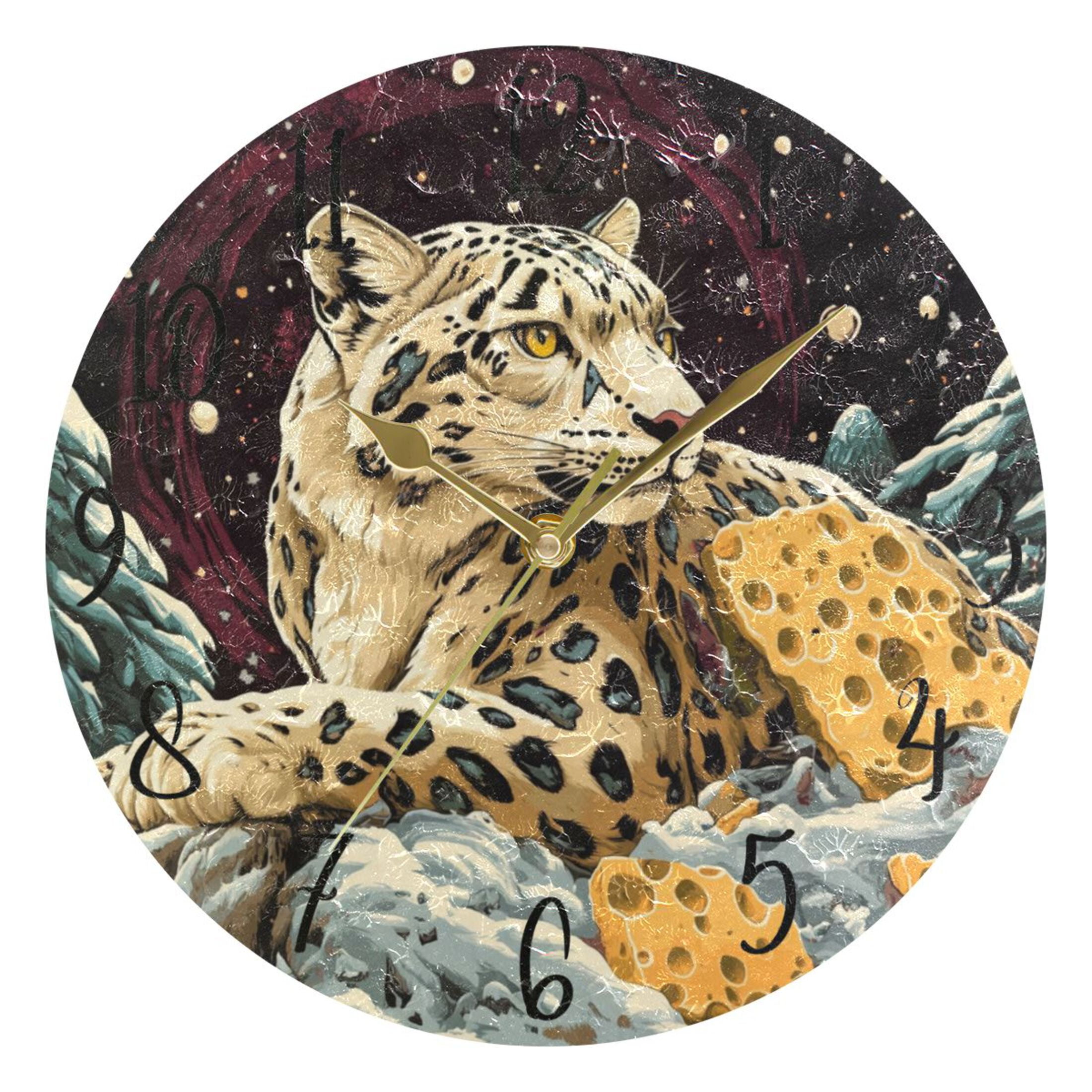 WOBOGO Cheese Snow Leopard Illustration Wall Clock 10in Silent Mechanism Battery Operated Retro ...
