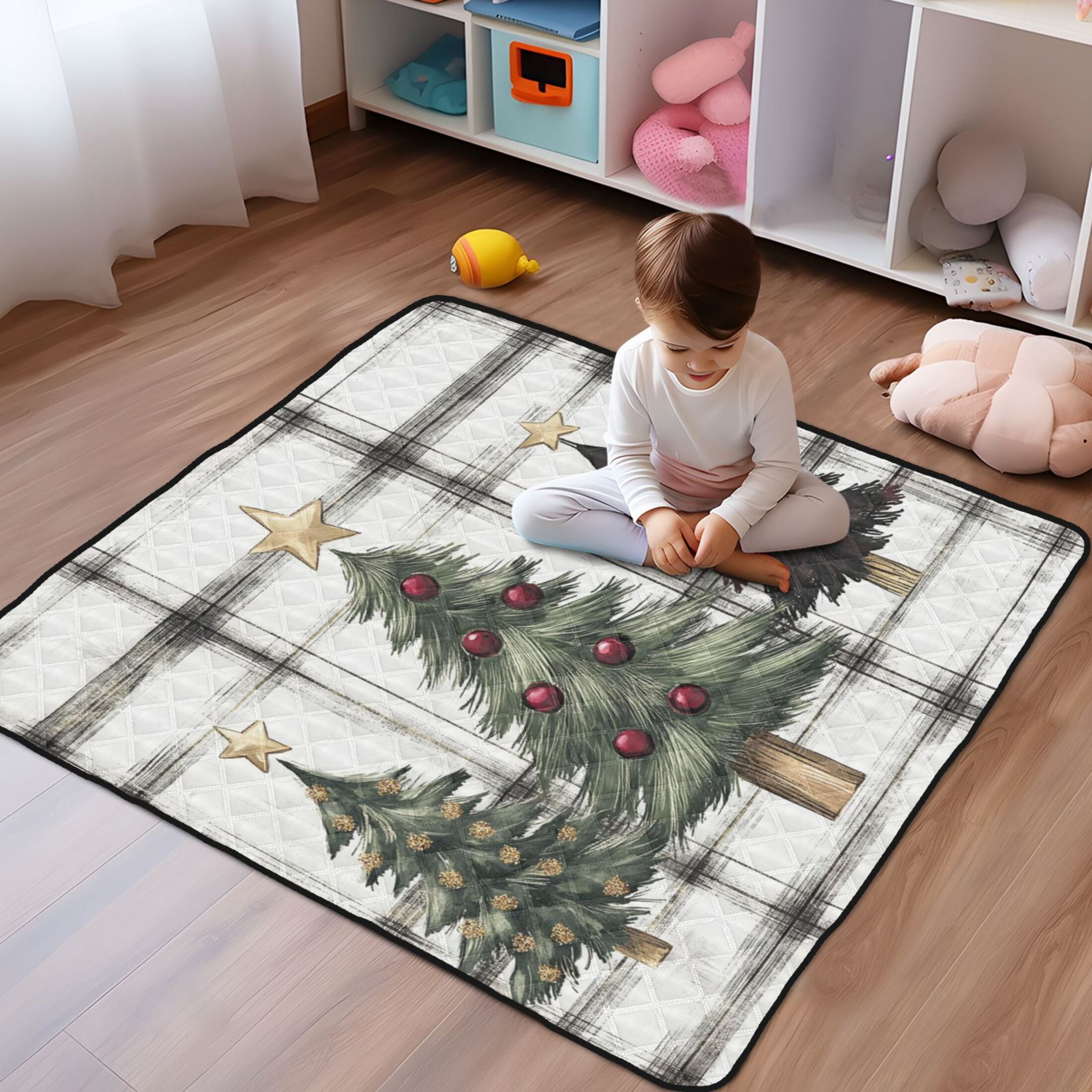 WOBOGO Christmas Trees on A White and Black Plaid Pattern Baby Playmats ...