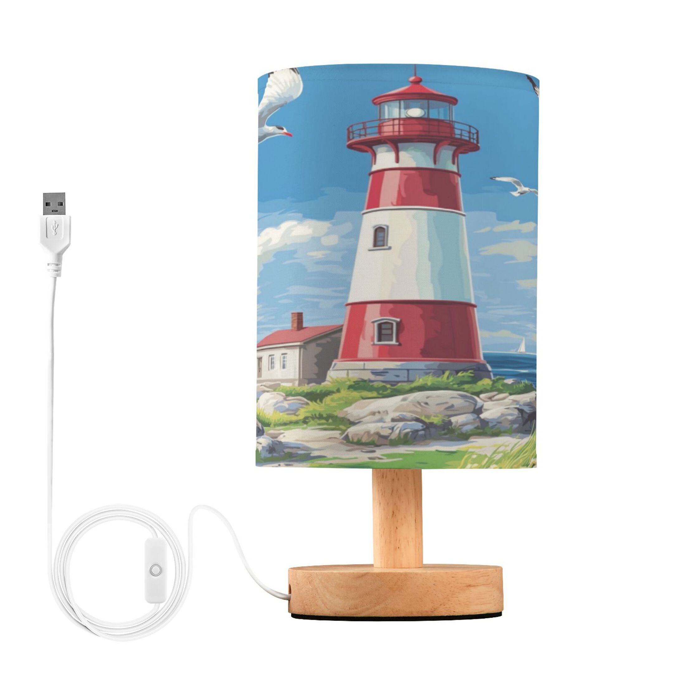 WOBOGO Coastal Lighthouse Bedroom Table Lamp USB Power Connector Wooden ...
