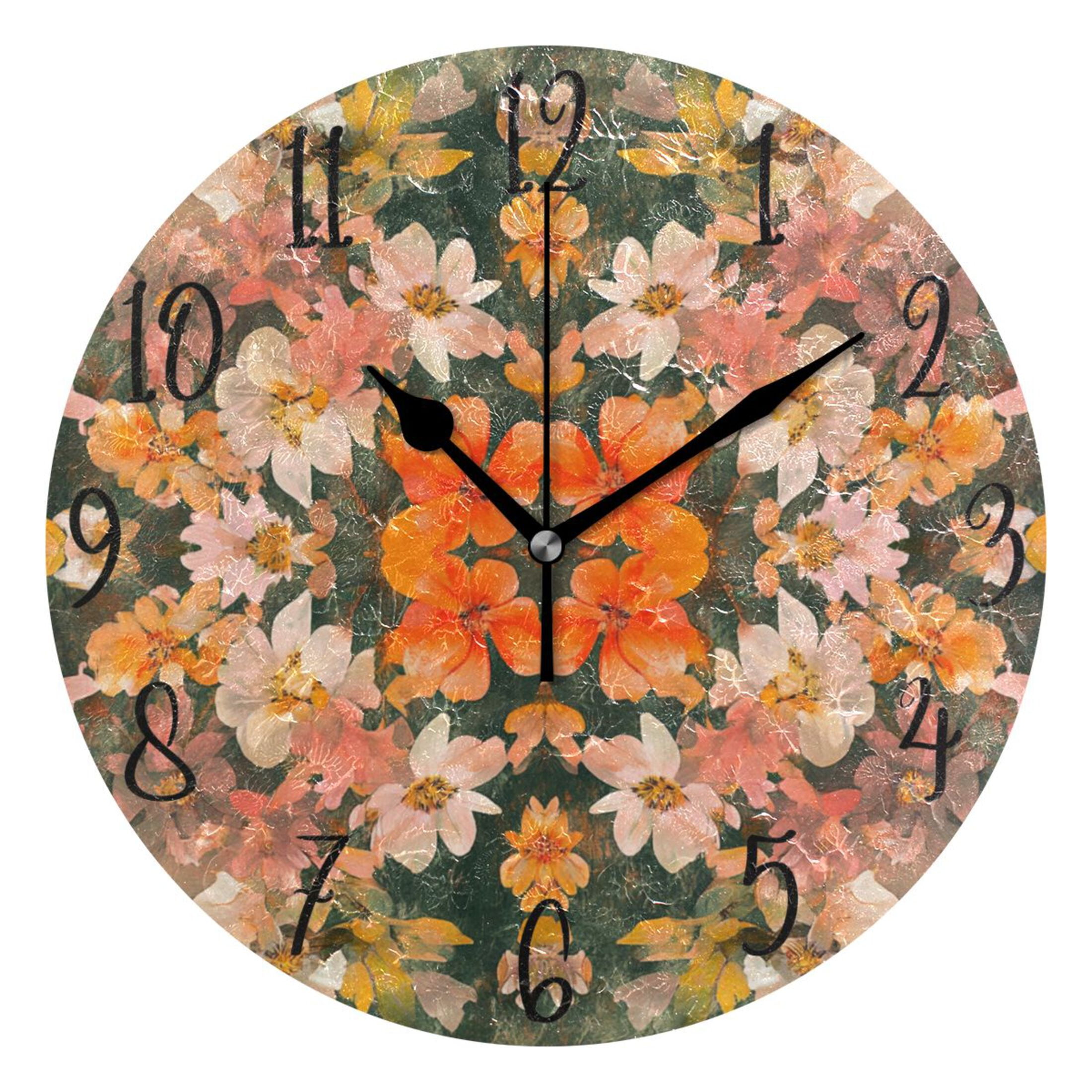 WOBOGO Colorful Flower Bushes Wall Clock 10in Silent Mechanism Battery Operated Retro Style for ...