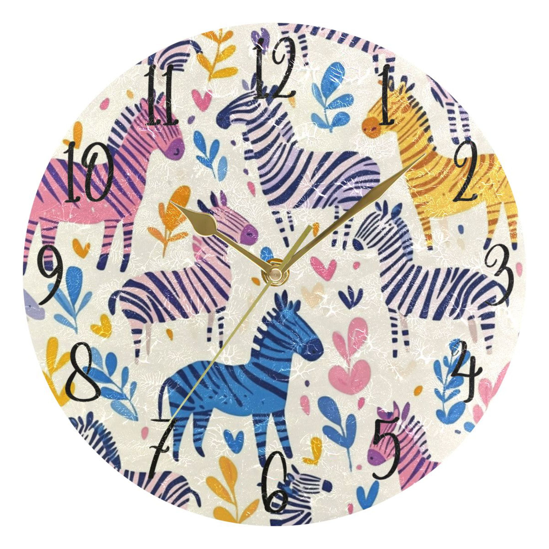 WOBOGO Colorful Lovely Zebra Wall Clock 10in Silent Mechanism Battery ...