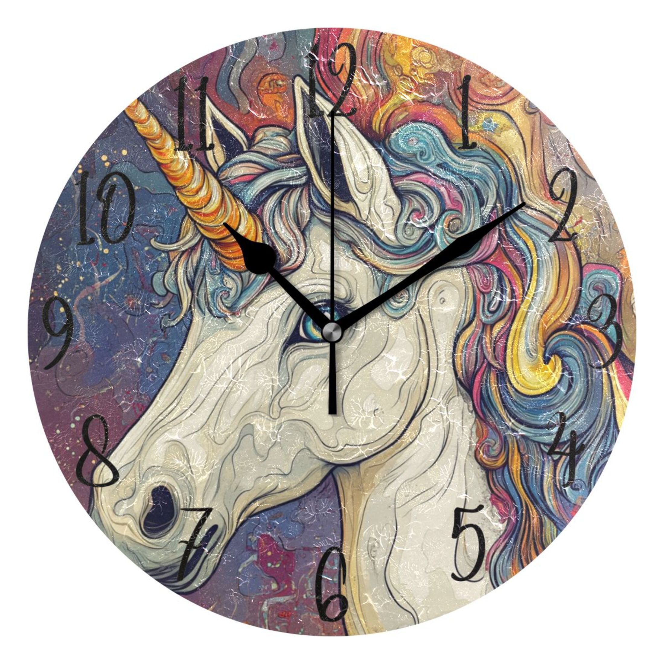 WOBOGO Colorful Unicorns Wall Clock 10in Silent Mechanism Battery Operated Retro Style for ...