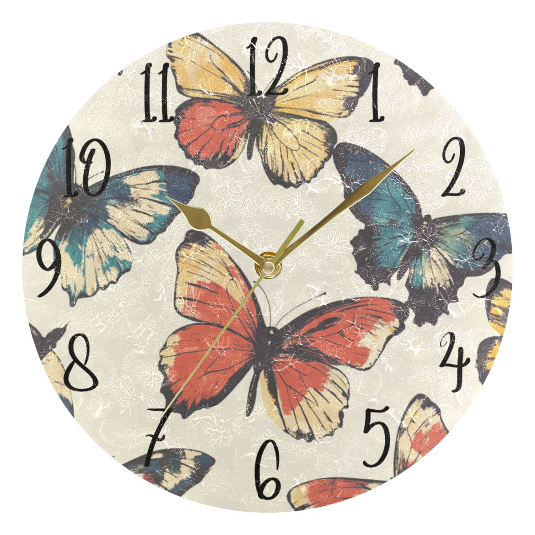 WOBOGO Colourful Butterflies Wall Clock 10in Silent Mechanism Battery Operated Retro Style for ...
