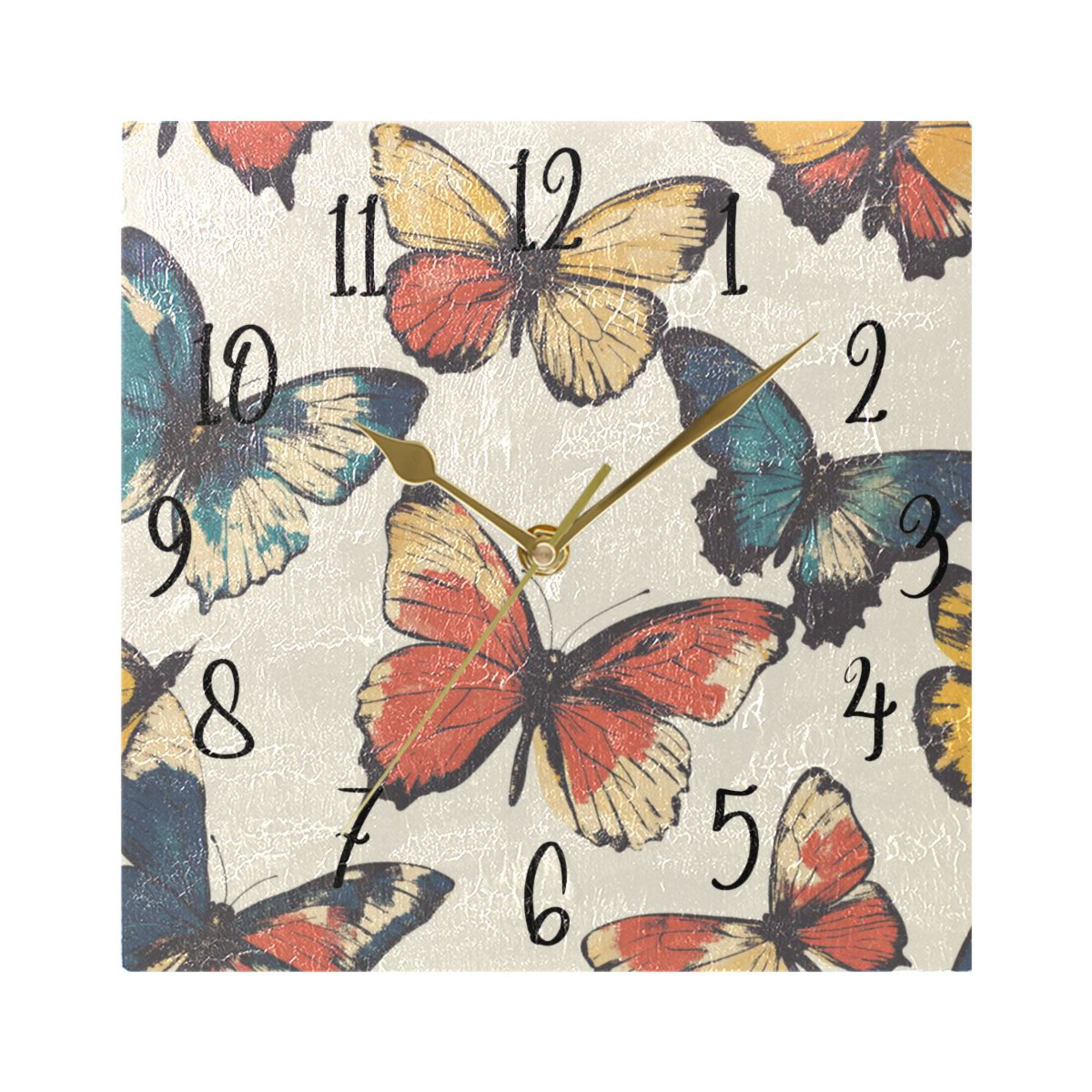 WOBOGO Colourful Butterflies Wall Clock 7.78 Inch Battery Operated Silent Unit Square Rustic ...