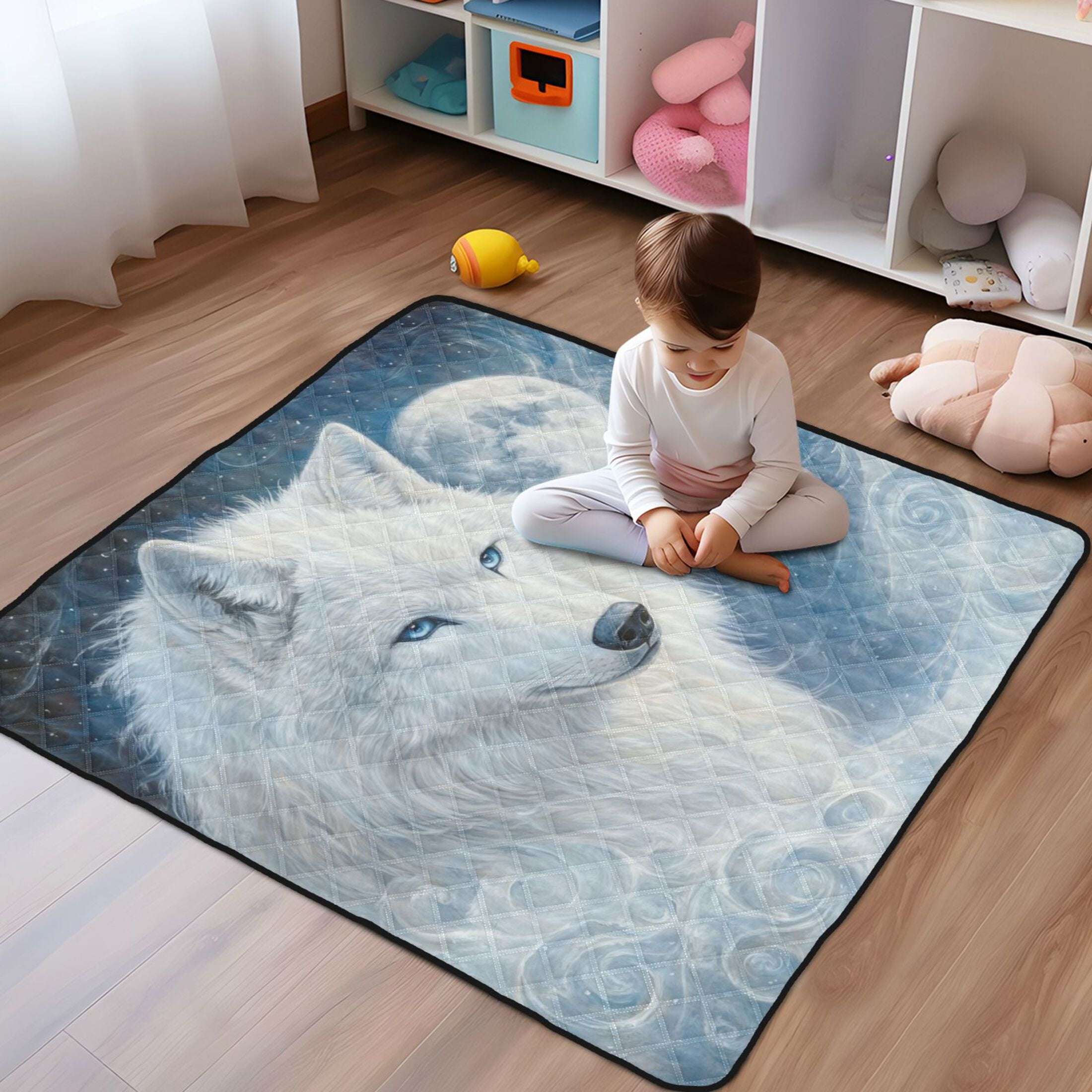WOBOGO Cool White Wolf Baby Playmats Extra Large Waterproof Rollable ...