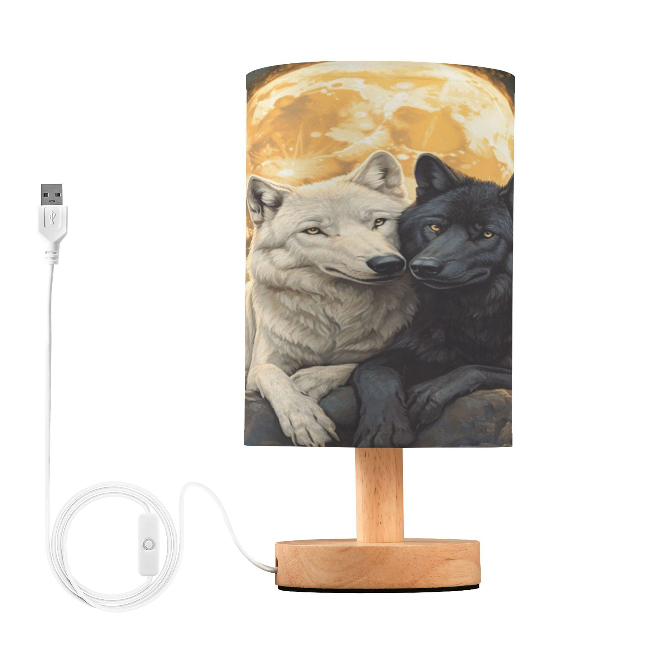 WOBOGO Cozy Two Wolves Bedroom Table Lamp USB Power Connector Wooden ...