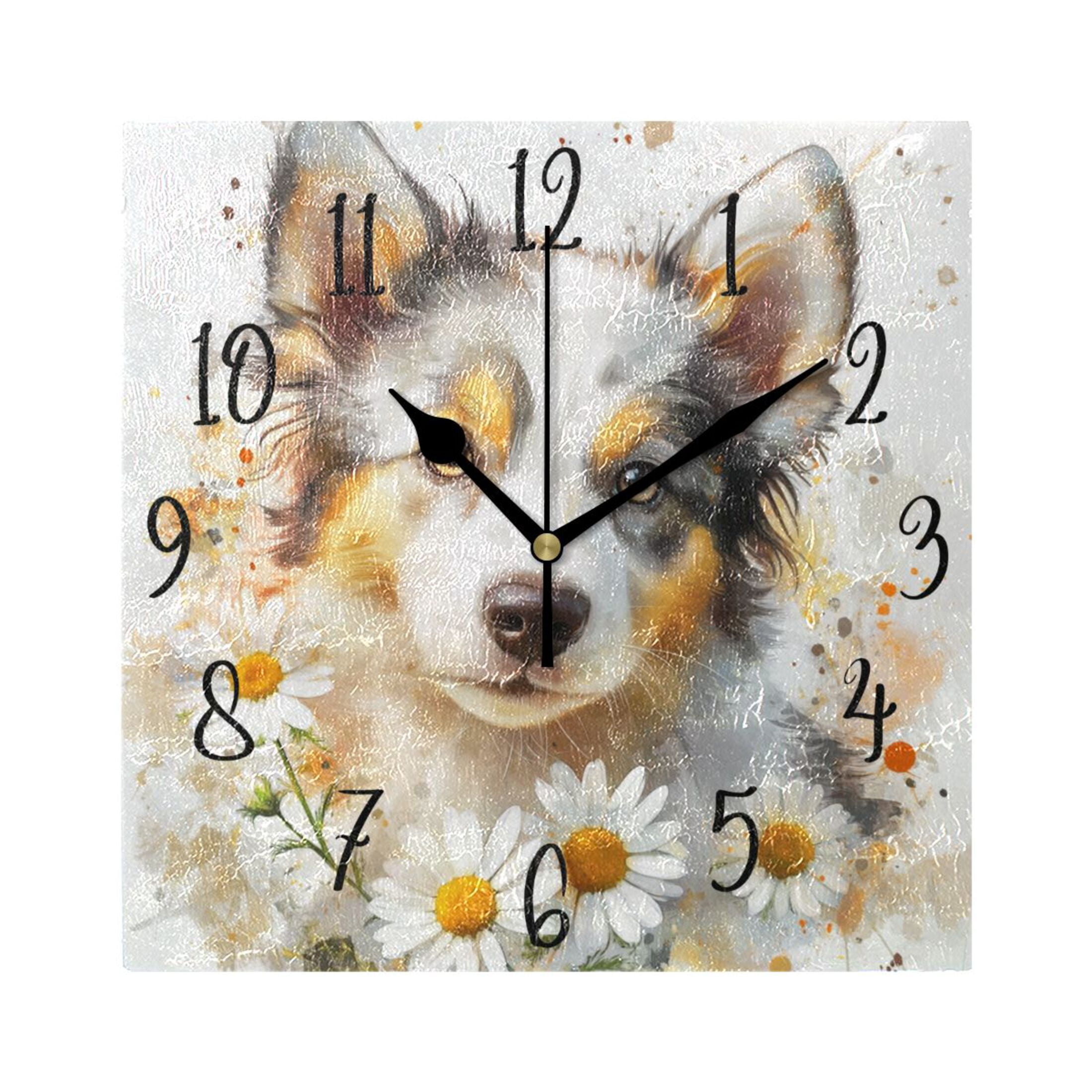 WOBOGO A Cute Border Collie with Daisies Pattern Wall Clock 7.78 Inch ...