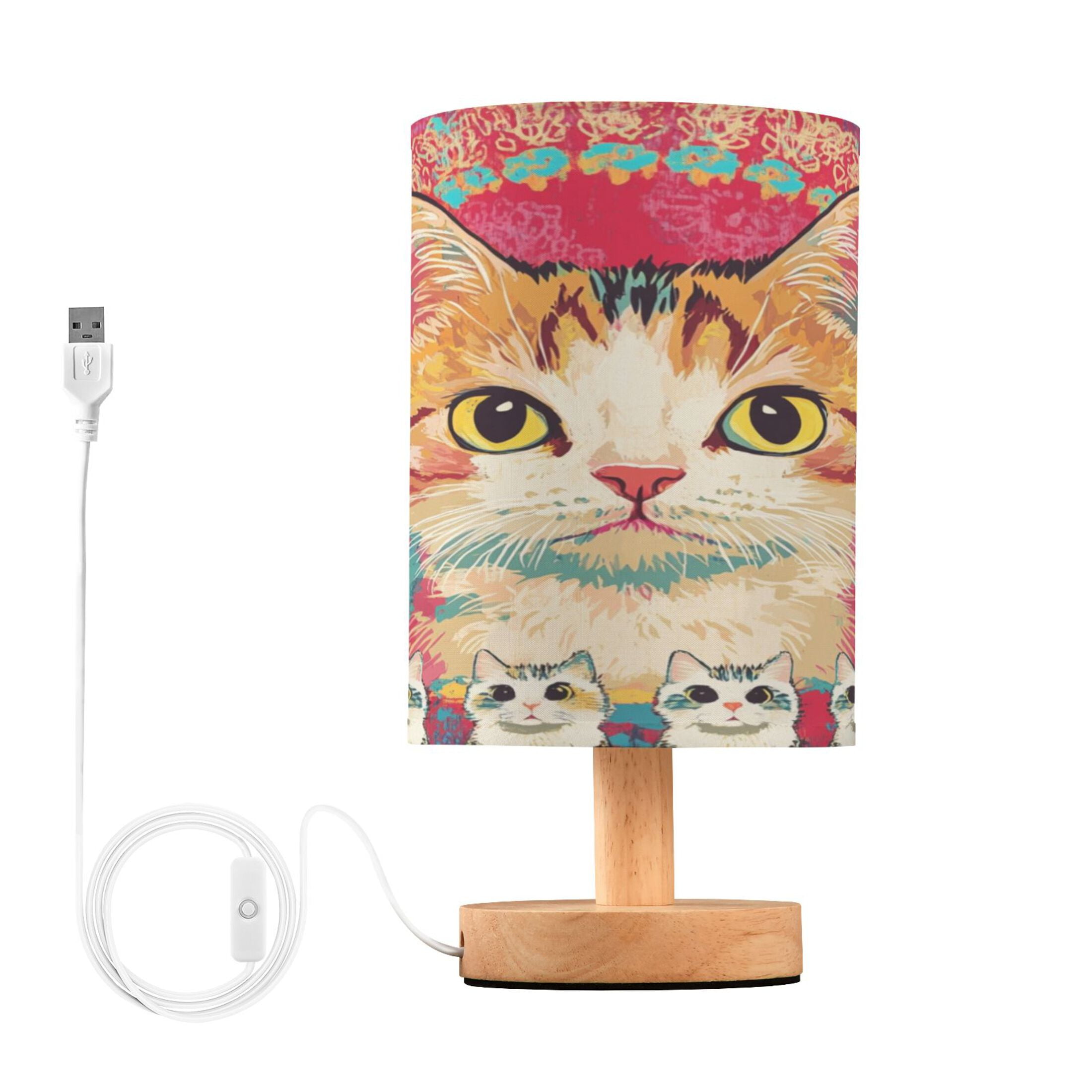 WOBOGO Cute Calico Cat Bedroom Table Lamp USB Power Connector Wooden ...