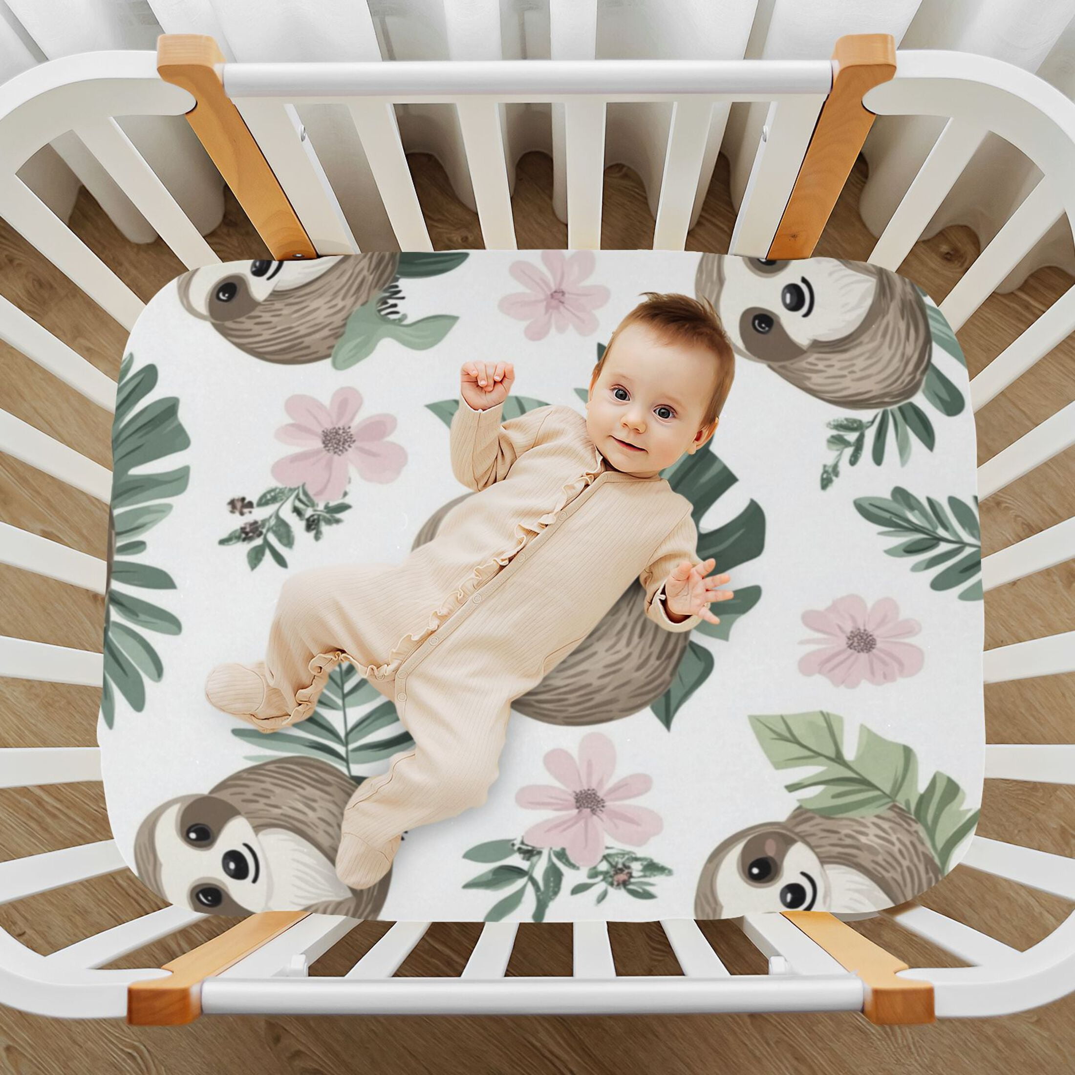 WOBOGO Cute Cartoon Sloth Pattern with Tropical Leaves Baby Crib Sheets ...