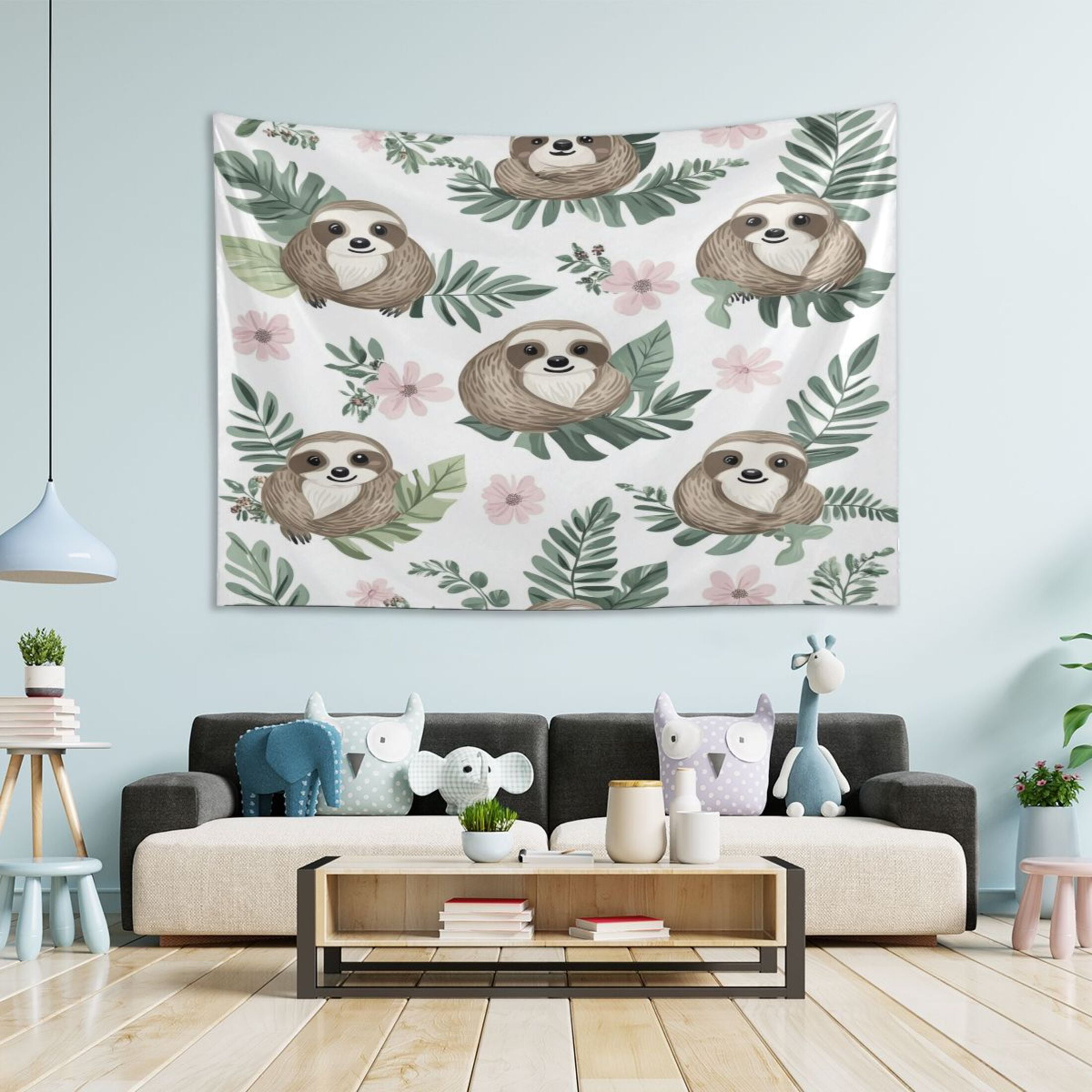 WOBOGO Cute Cartoon Sloth Pattern with Tropical Leaves Tapestry 90×60in ...