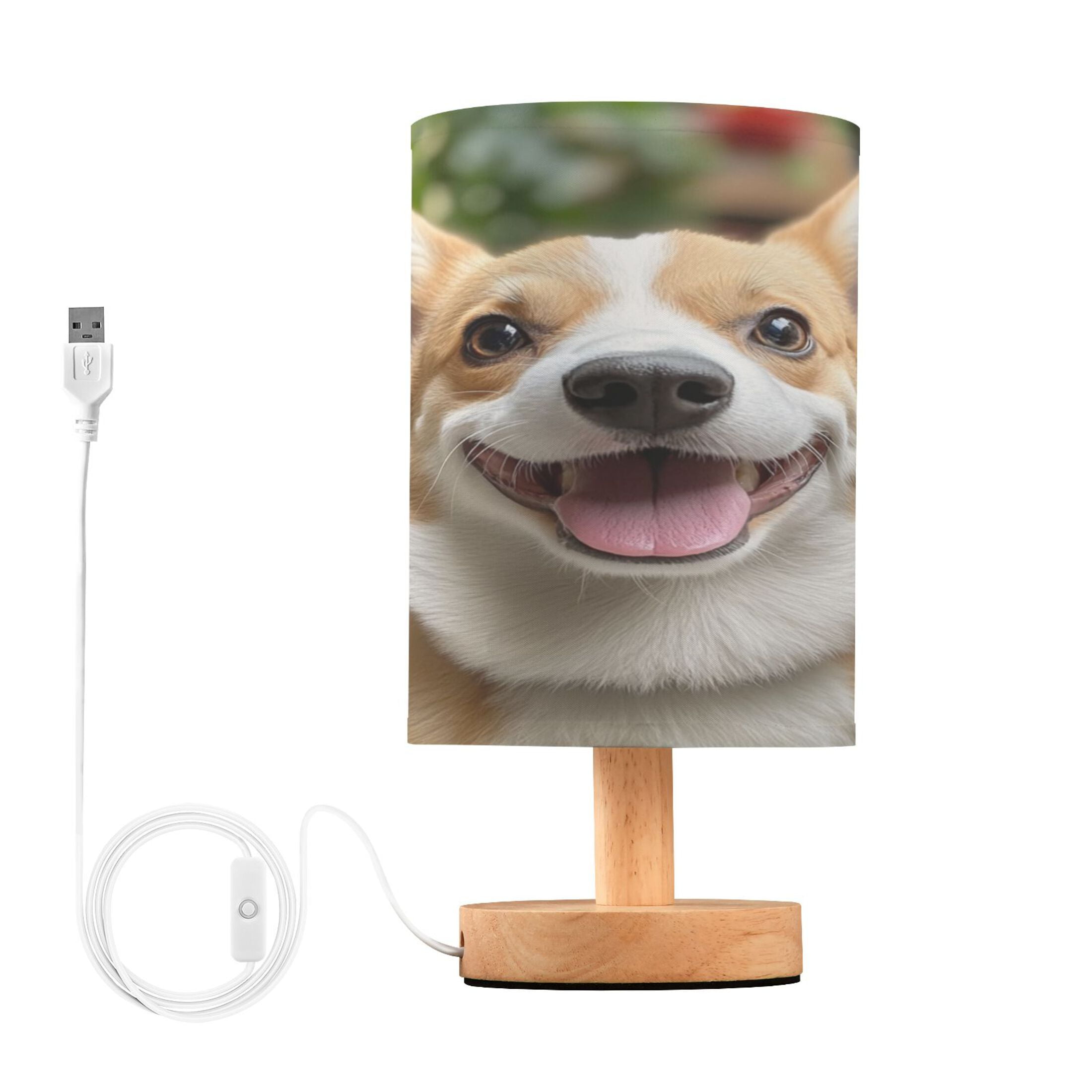 WOBOGO Cute Corgi Bedroom Table Lamp USB Power Connector Wooden Base ...