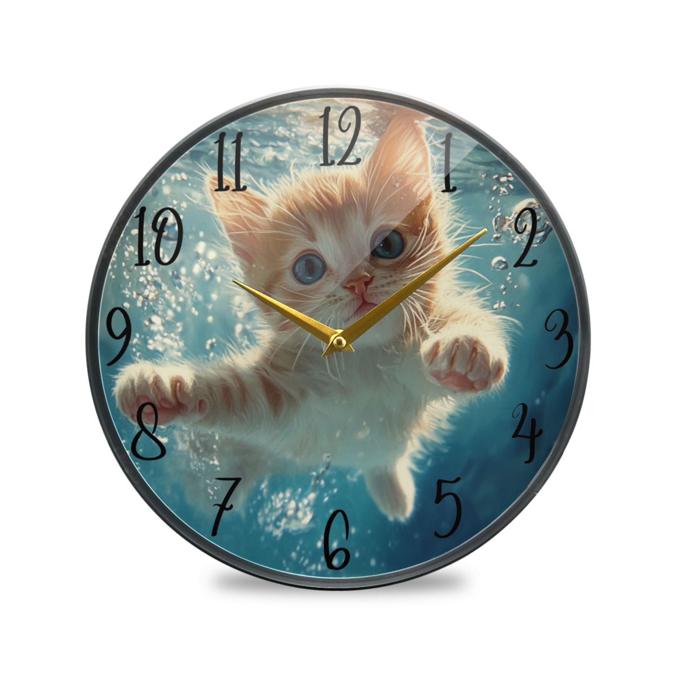 WOBOGO Cute Kitten Swim Underwater Acrylic Wall Clock Battery Operated ...