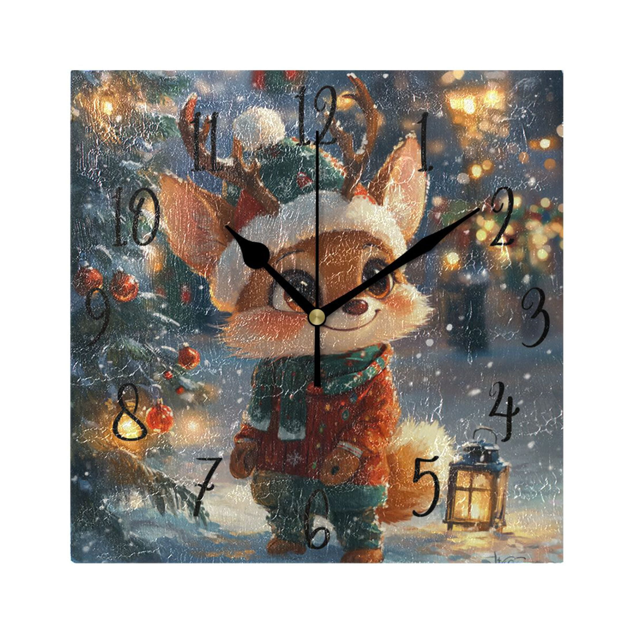 WOBOGO Cute Little Fox Wearing A Christmas Hat Wall Clock 7.78 Inch ...